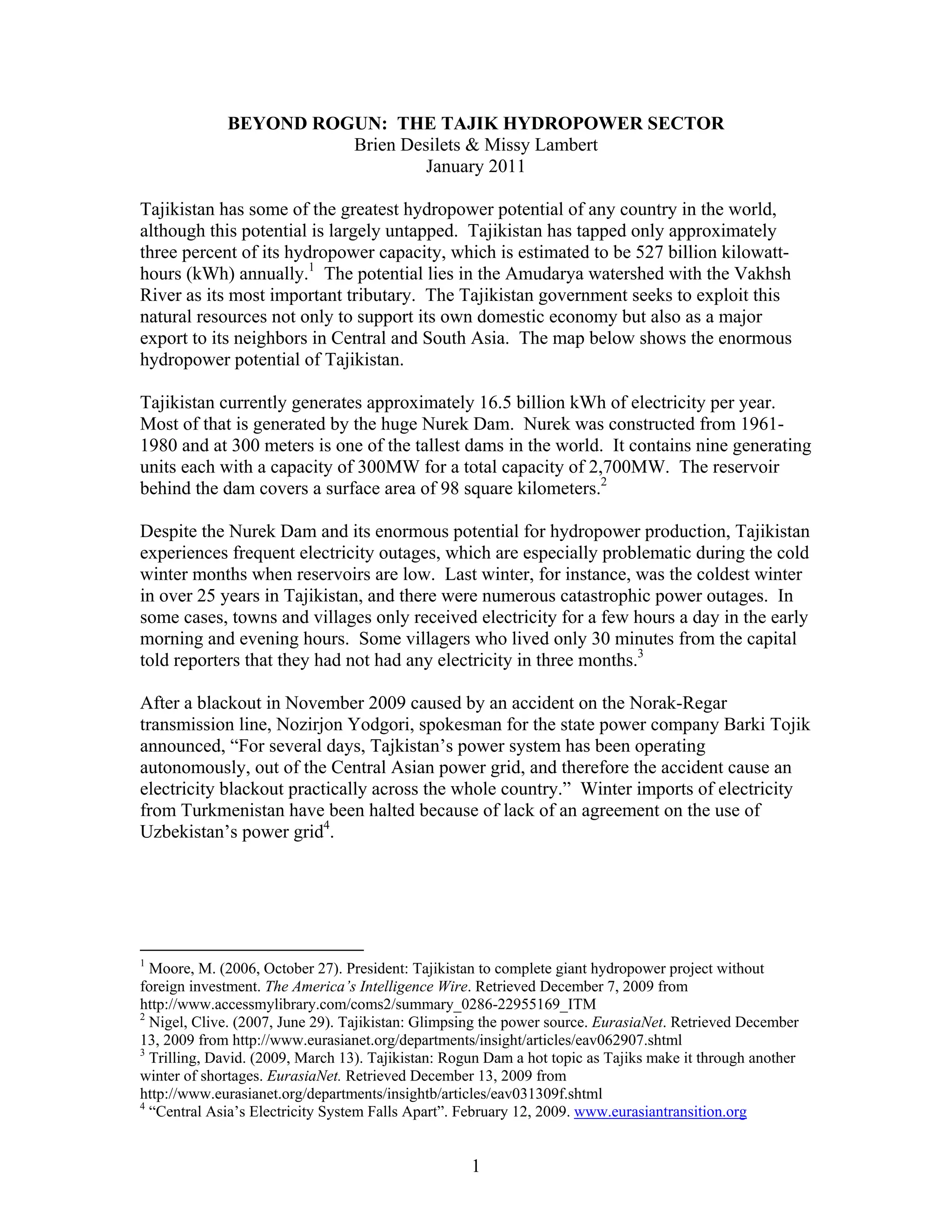 Beyond Rogun The Tajik Hydropower Sector | PDF