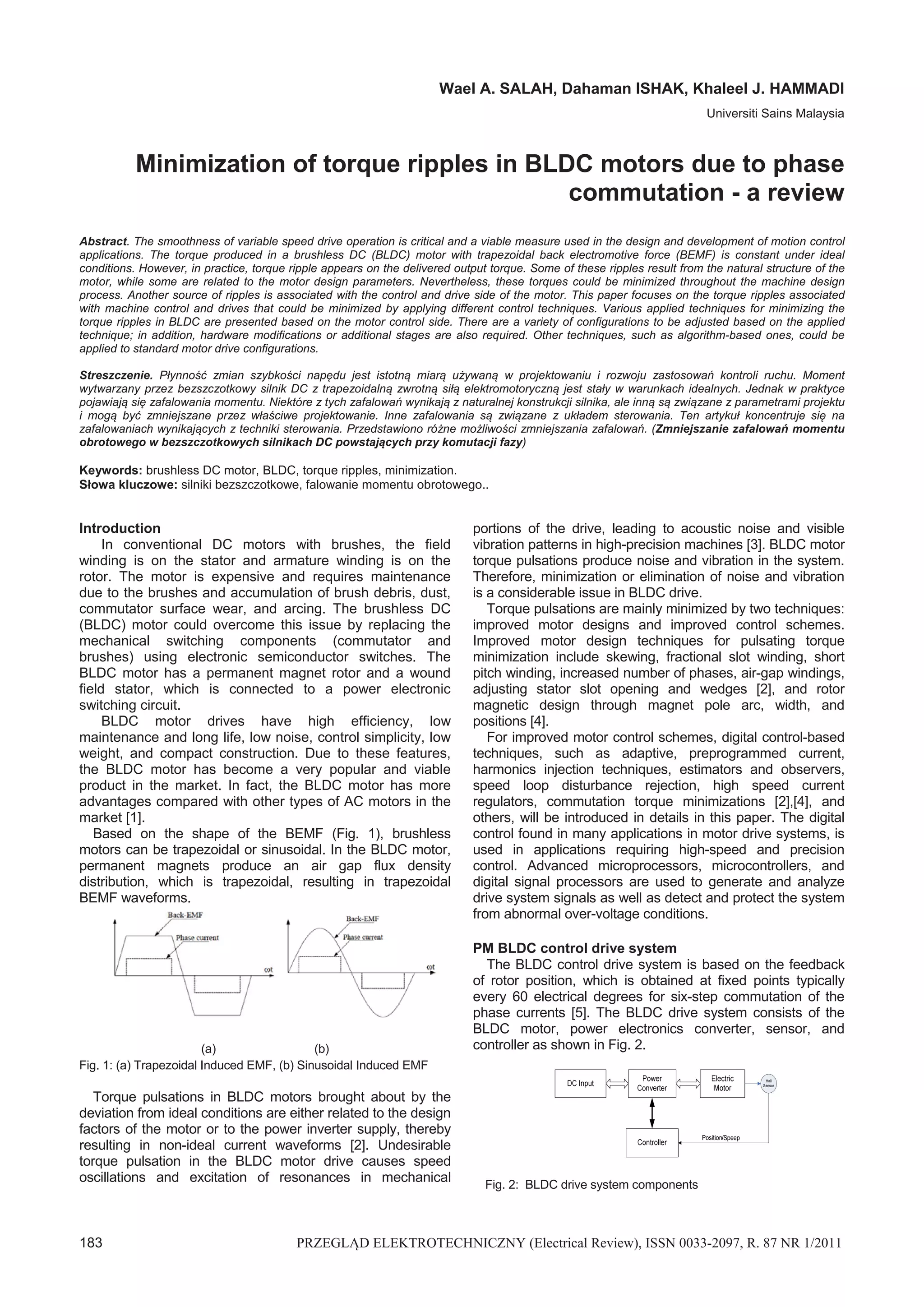 Minimization of torque ripples in BLDC motors due to phase commutation - a review | PDF