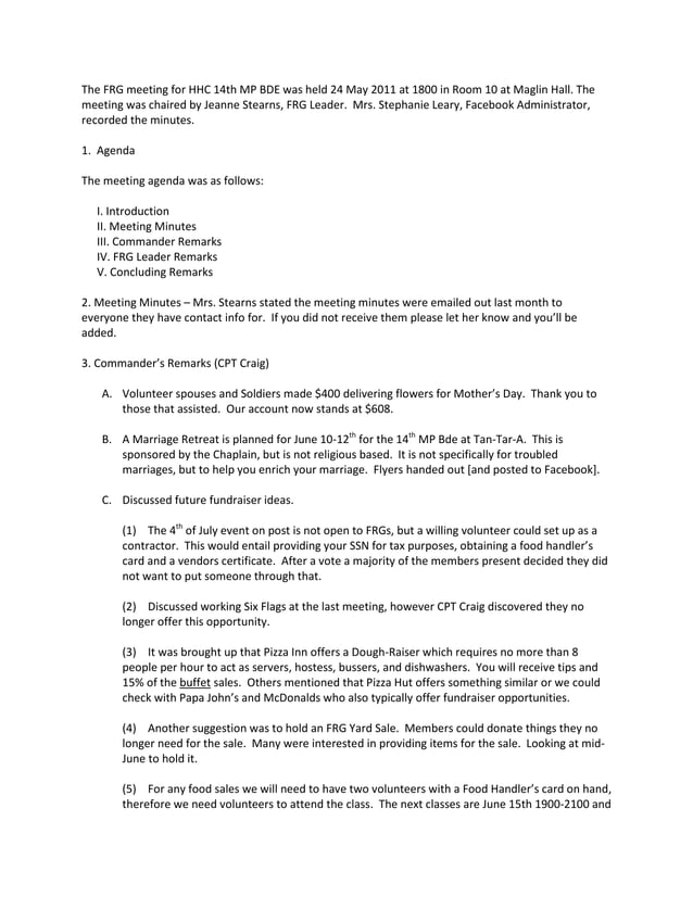 May 24th FRG Minutes, HHC 14th MP Bde | PDF