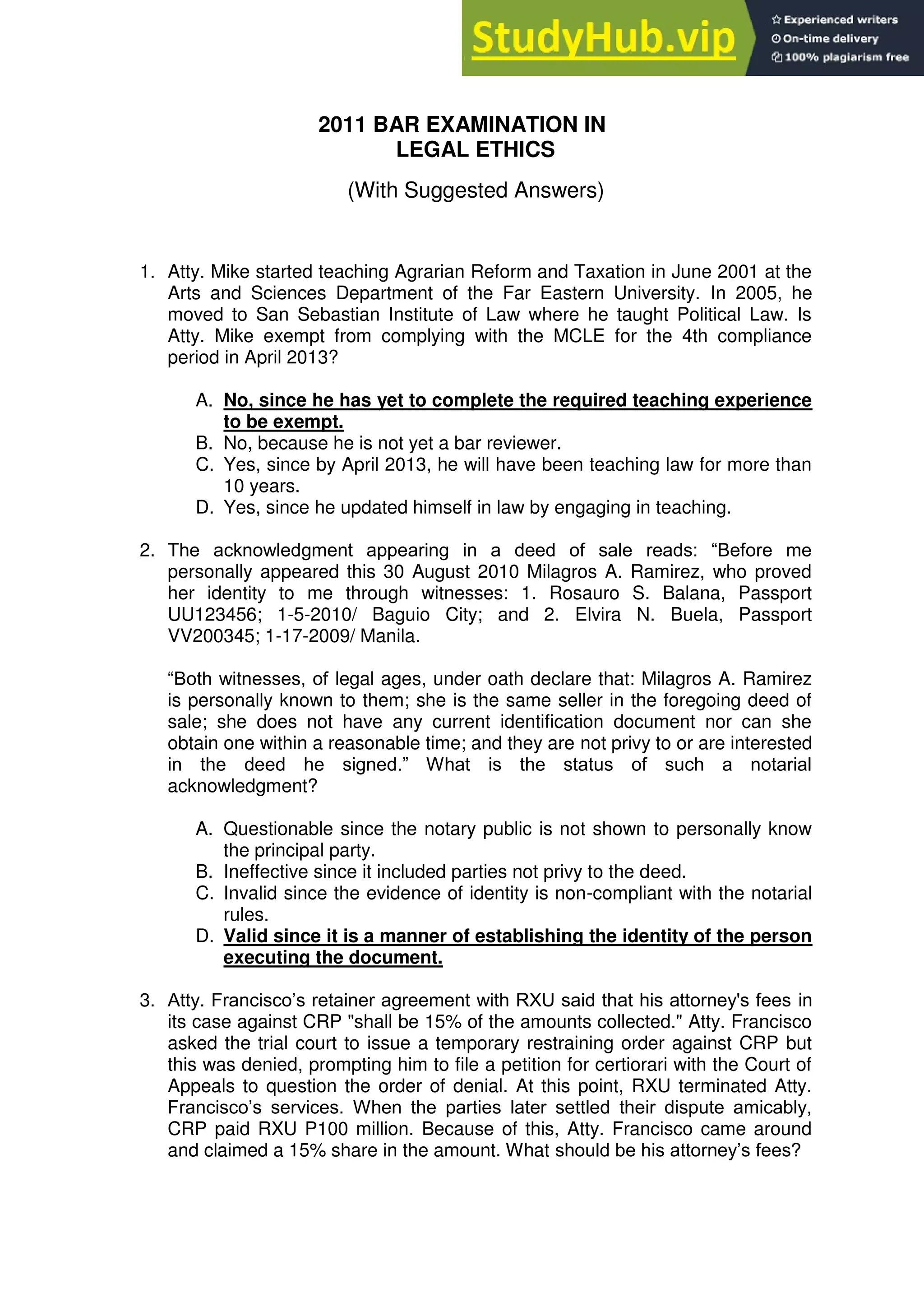 2011 BAR EXAMINATION IN LEGAL ETHICS (With Suggested Answers) | PDF