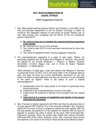 2011 BAR EXAMINATION IN LEGAL ETHICS (With Suggested Answers) | PDF