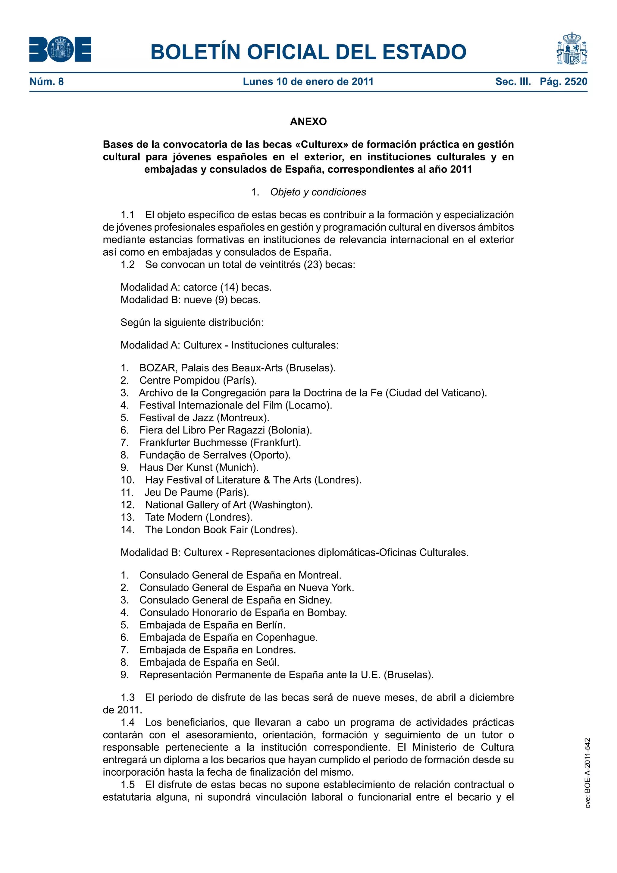 Becas «Culturex» de formación práctica en gestión cultural para jóvenes españoles en el exterior ...