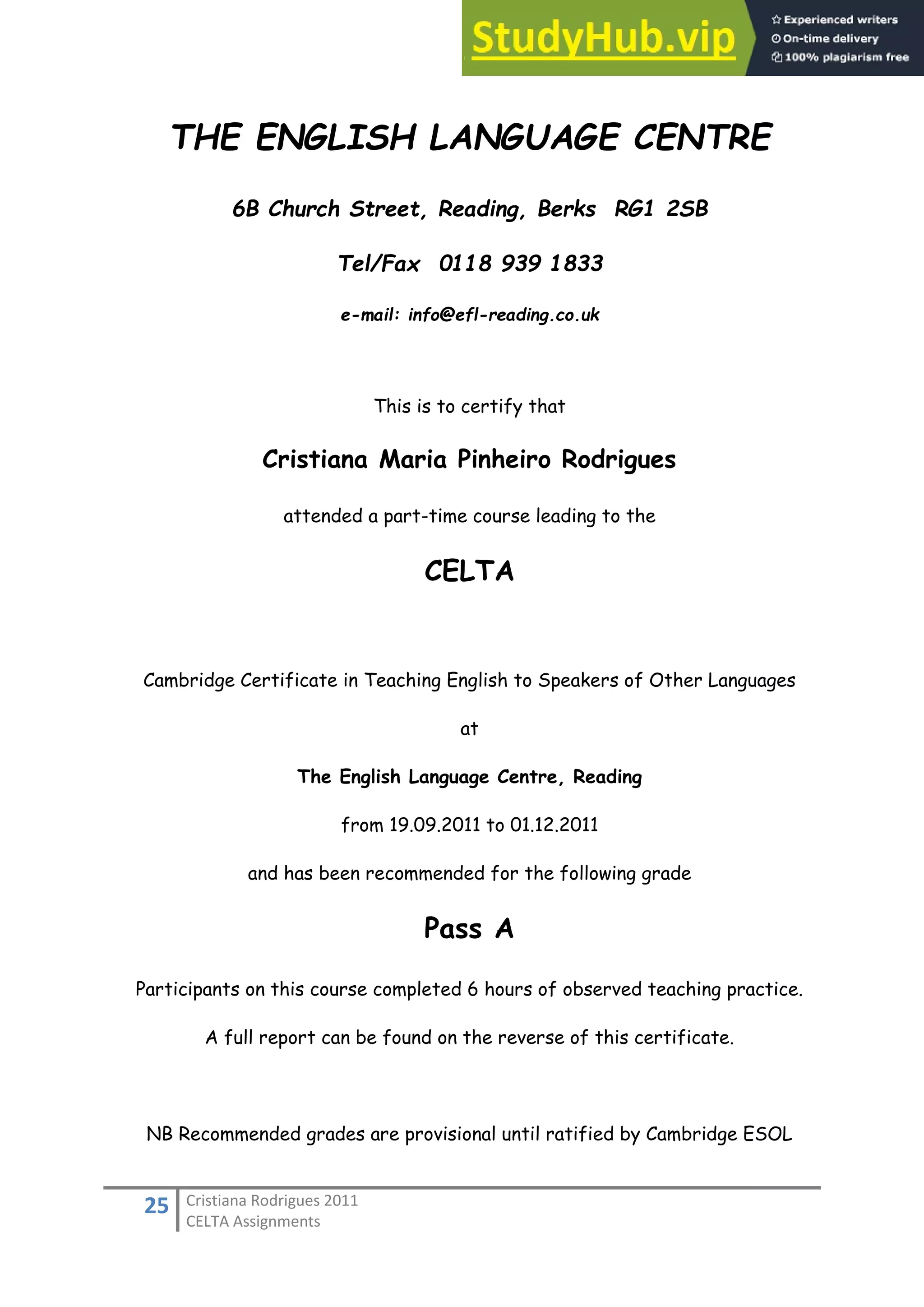 2011 Cambridge CELTA Assignments | PDF