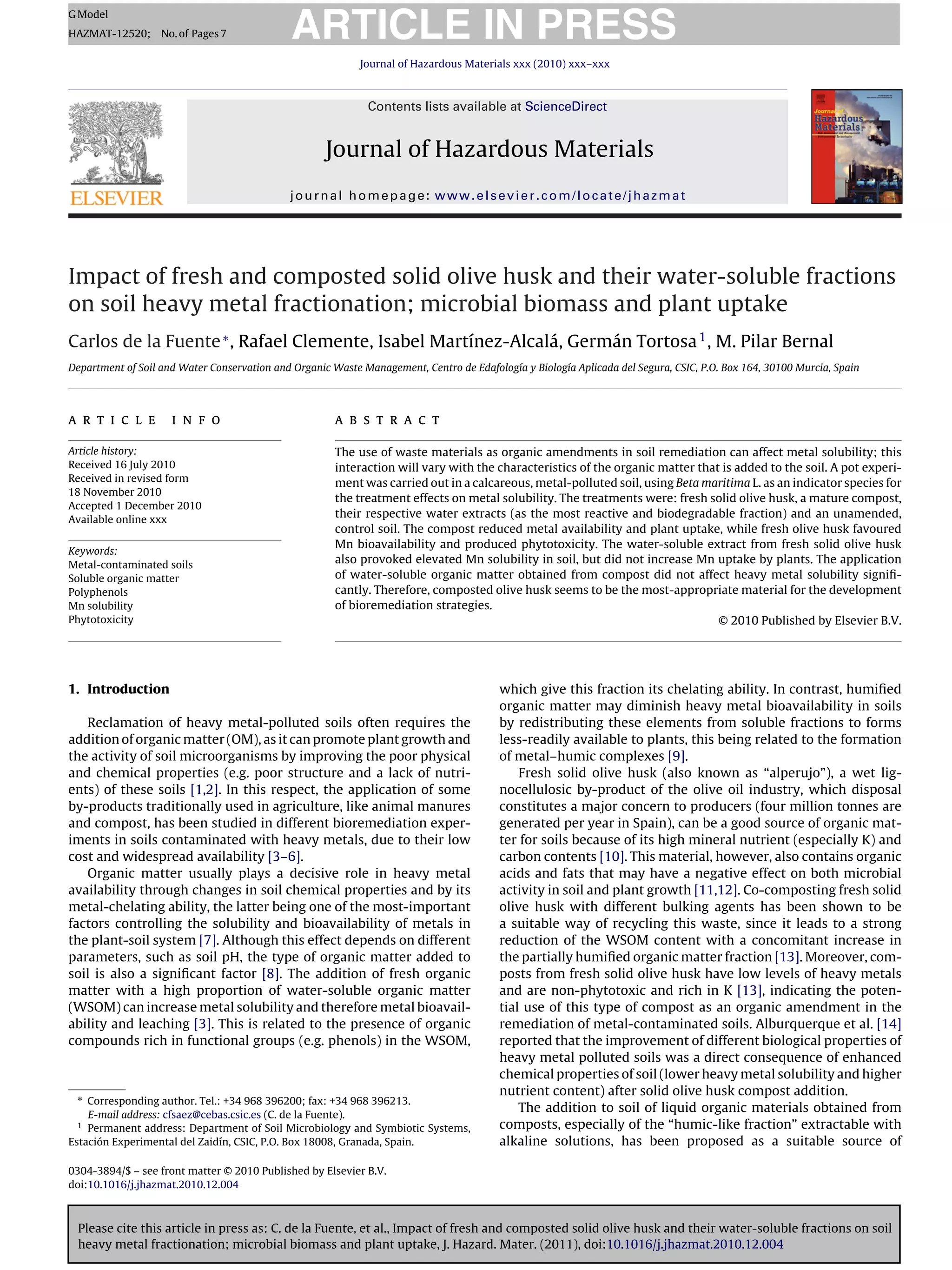 2011 de la fuente et al. water extract al heavy metal movility | PDF