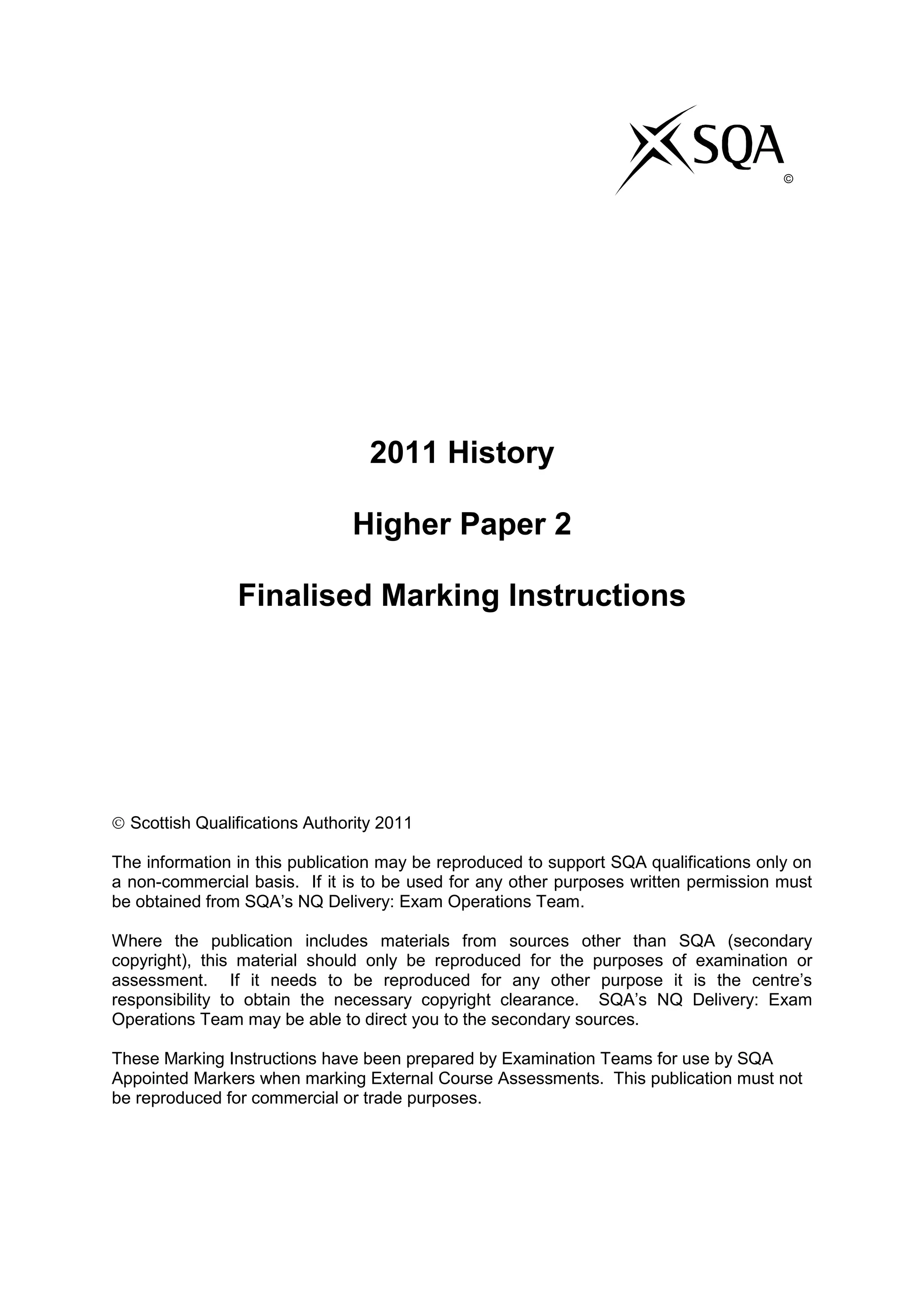 Higher History exam (paper 2) - 2011 (marking instructions) | PDF