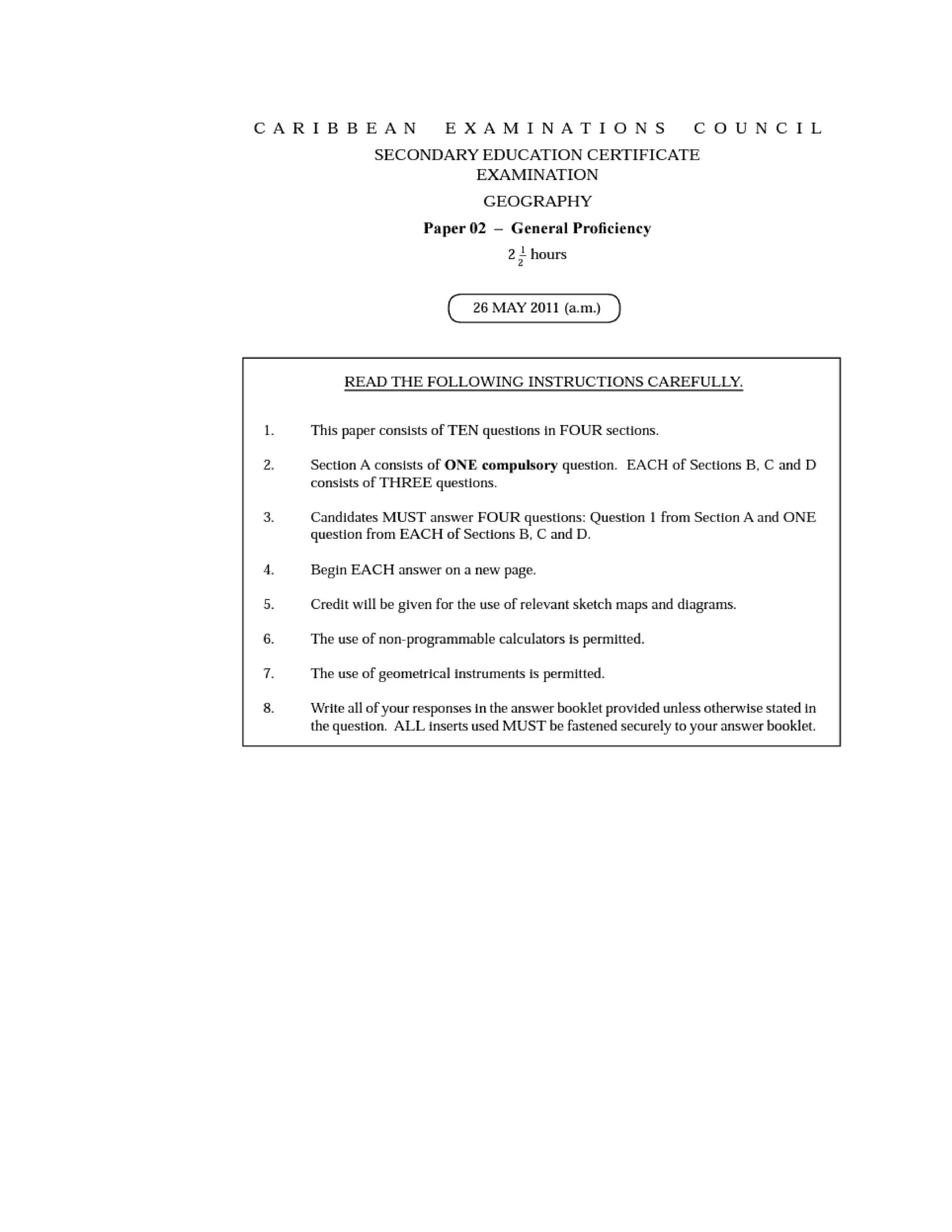 CSEC GEOGRAPHY PAST PAPER- PAPER 2- 2011 | PDF