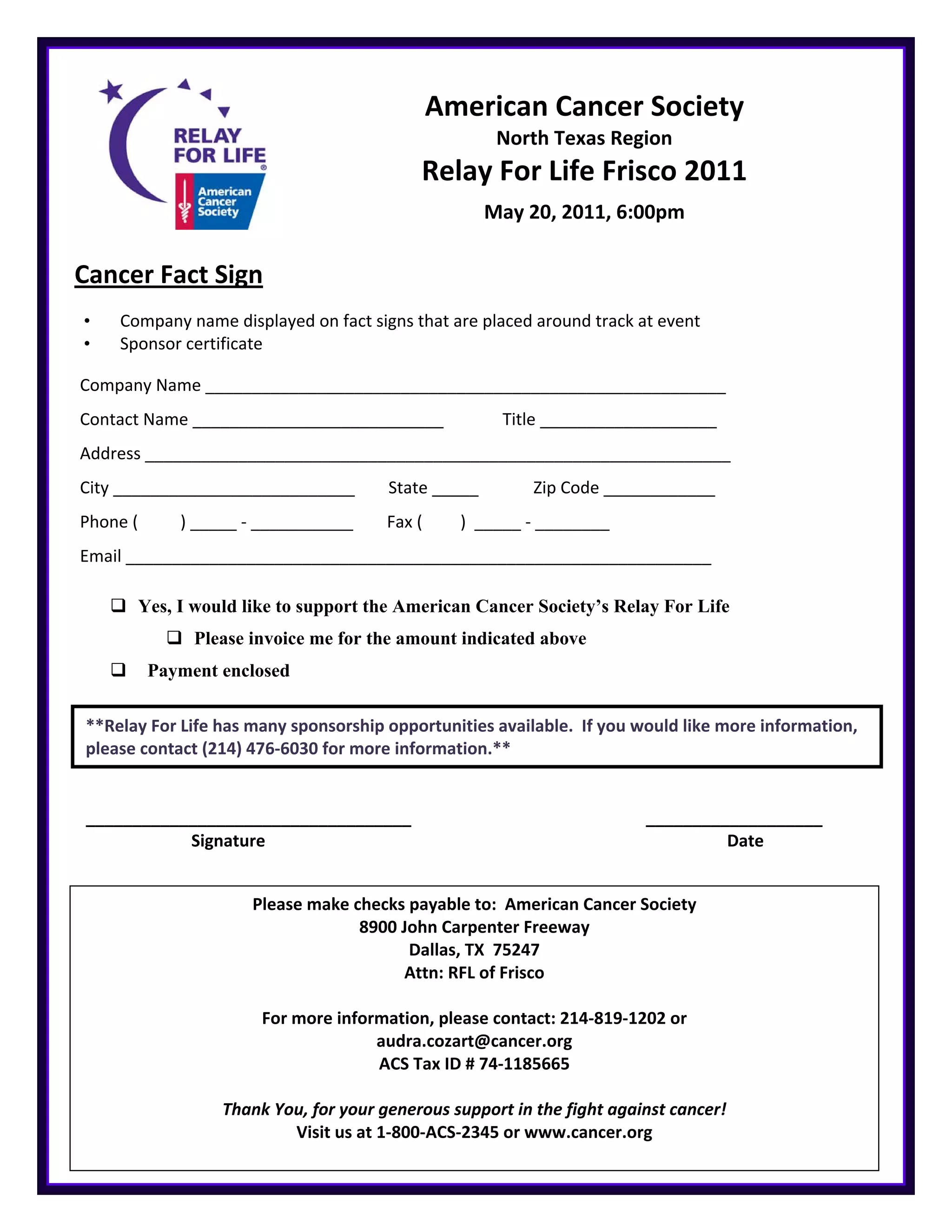 FriscoRFL 2011 Frisco Cancer Fact Sign Sheet | PDF