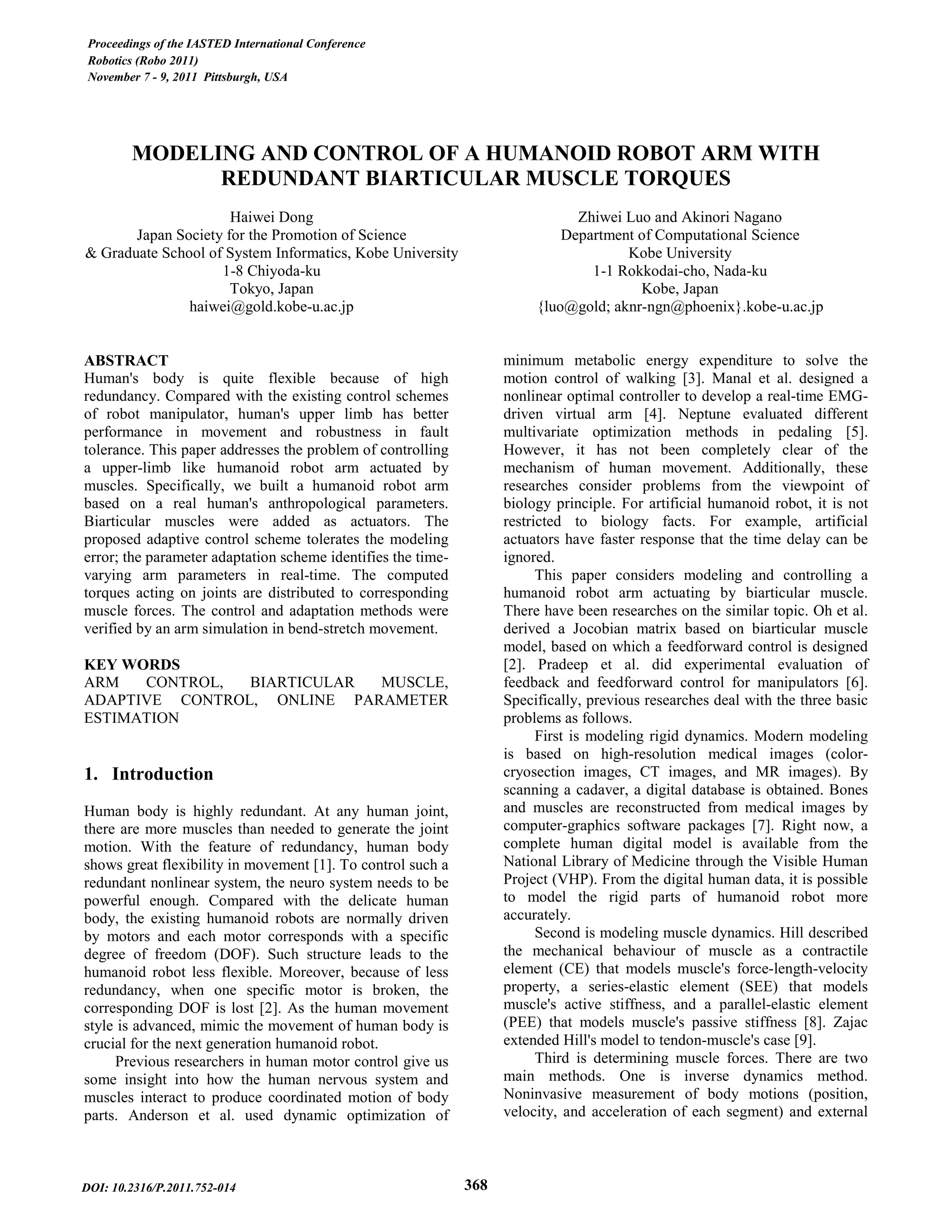 Modeling and Control of a Humanoid Robot Arm with Redundant Biarticular Muscle Torques | PDF ...