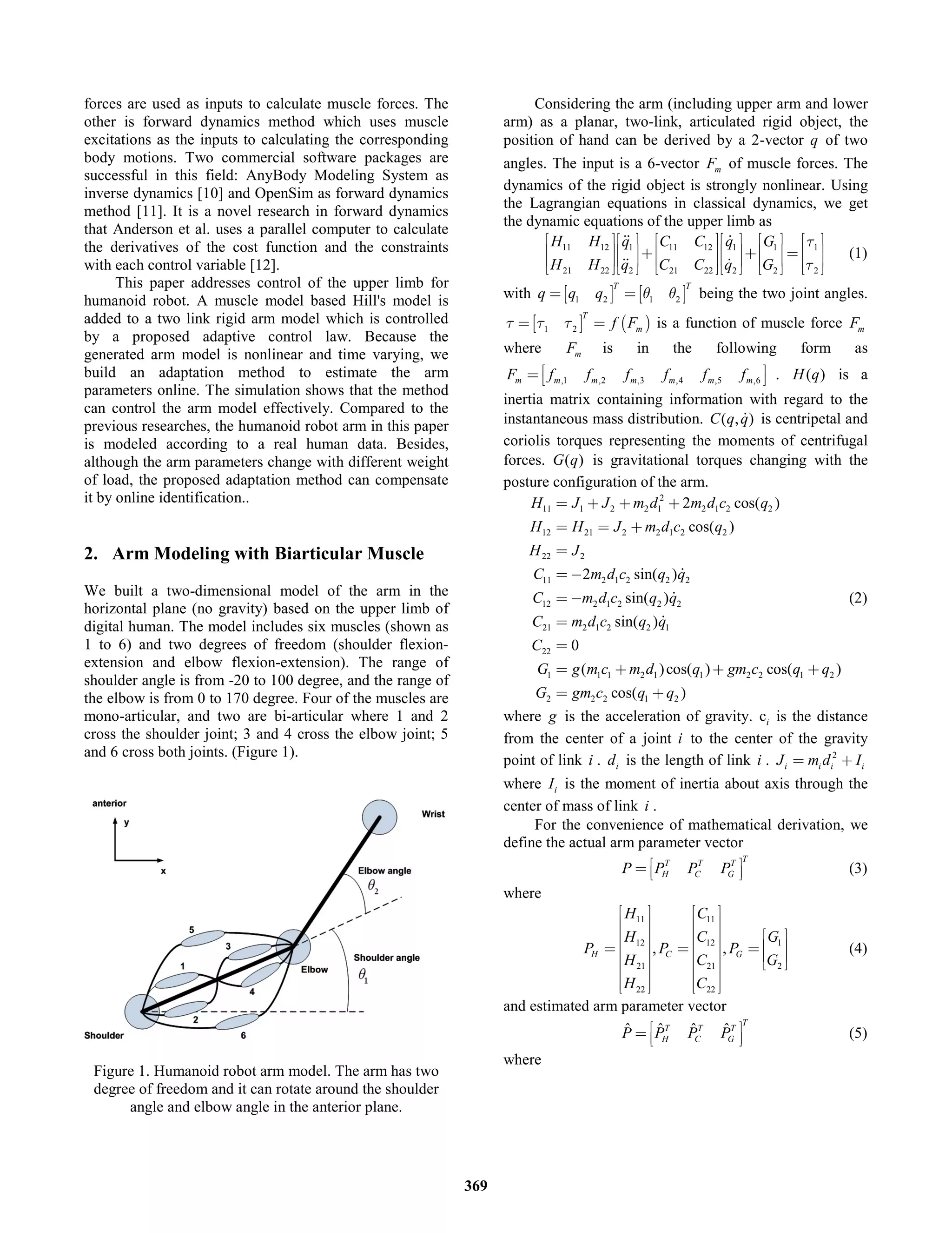 Modeling and Control of a Humanoid Robot Arm with Redundant Biarticular Muscle Torques | PDF ...