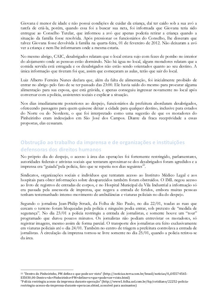 Pinheirinho Relatório Preliminar Sobre Violação De Direitos Humanos