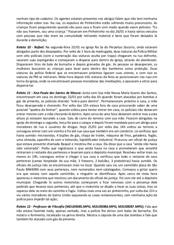 Pinheirinho Relatório Preliminar Sobre Violação De Direitos Humanos