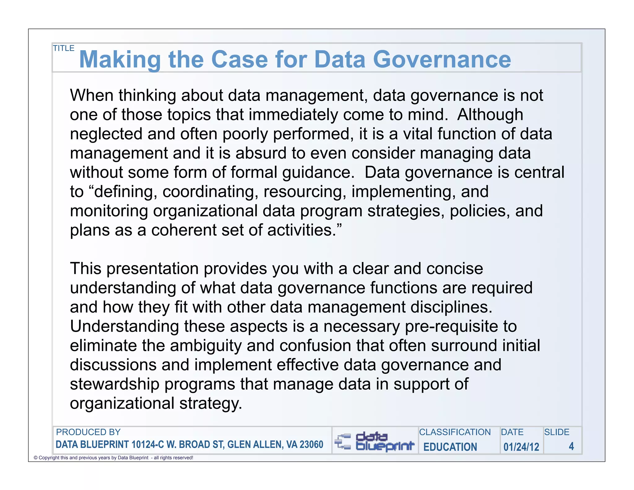 Data-Ed Online: Making the Case for Data Governance | PDF | Databases | Computer Software and ...