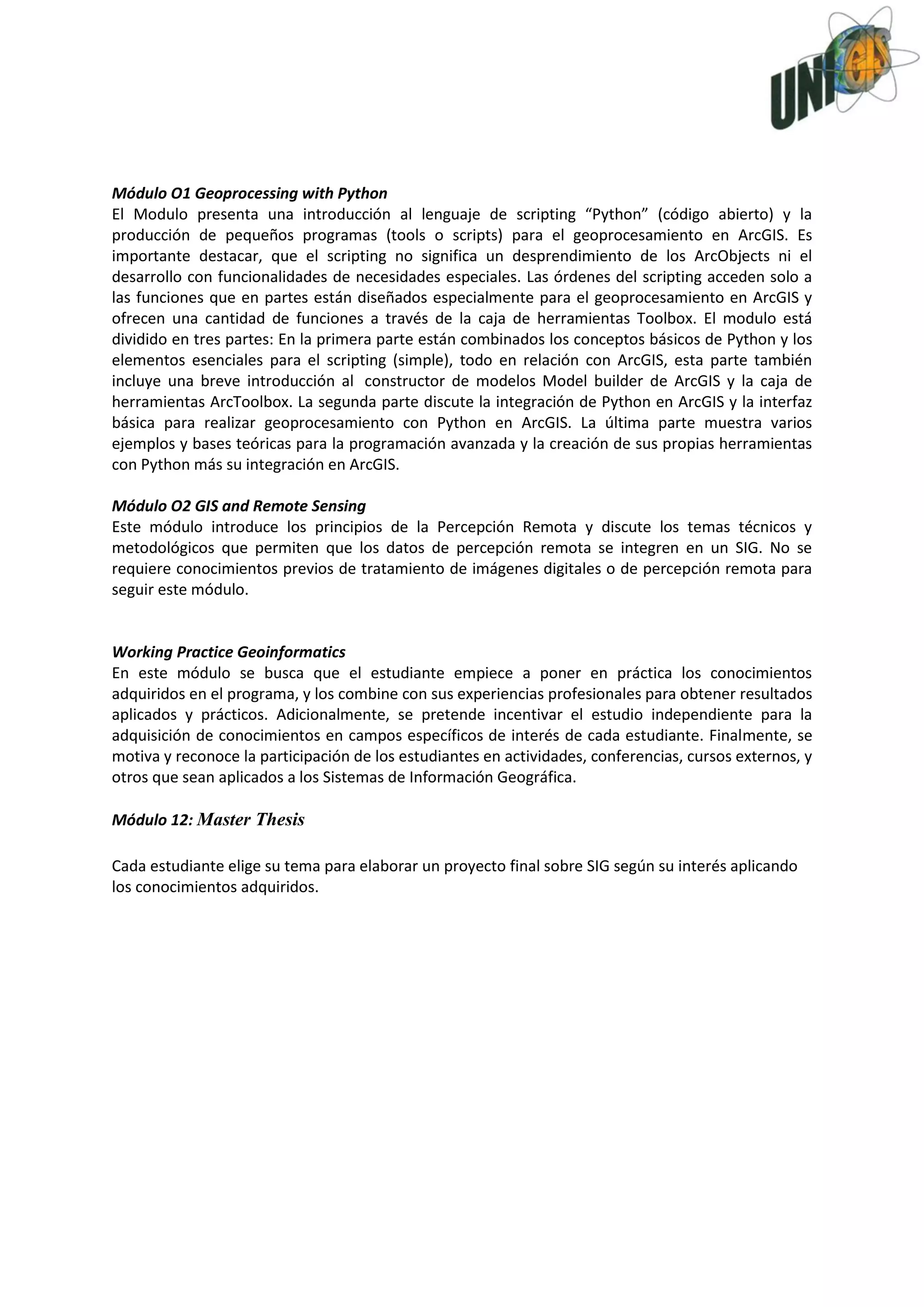 Plan de Estudios Maestría en SIG de UNIGIS | PDF