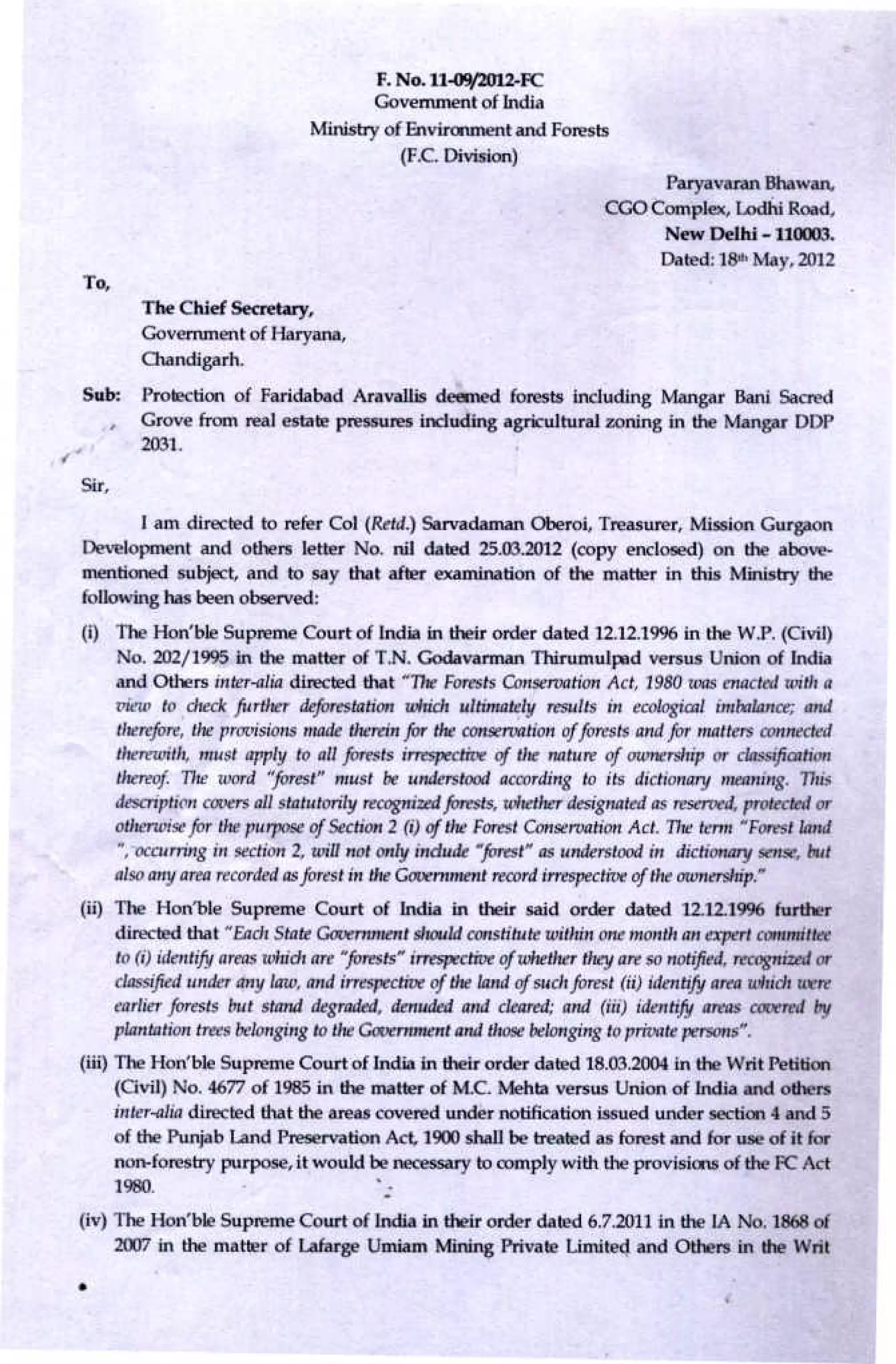 2012.05.18 dg forests mo ef letter to chief secretary haryana | PDF