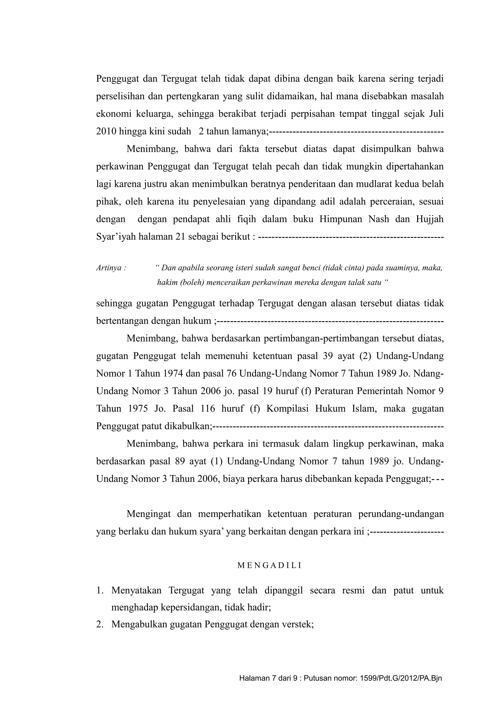 Contoh putusan gugat cerai | RTF