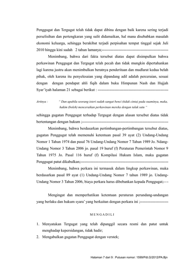 Contoh putusan gugat cerai | RTF