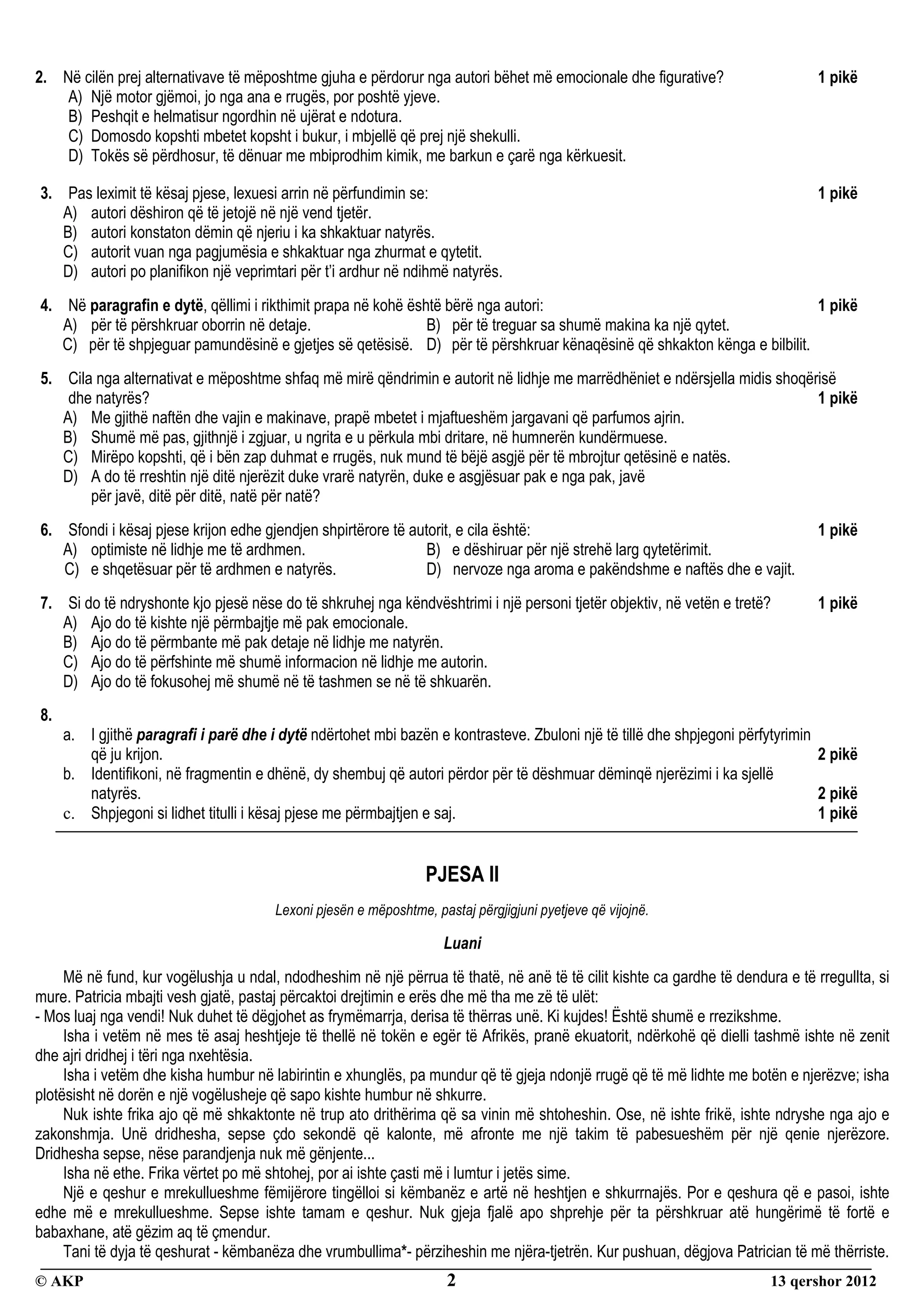 Provimi i lirimit 2012 Gjuhe Shqipe | PDF