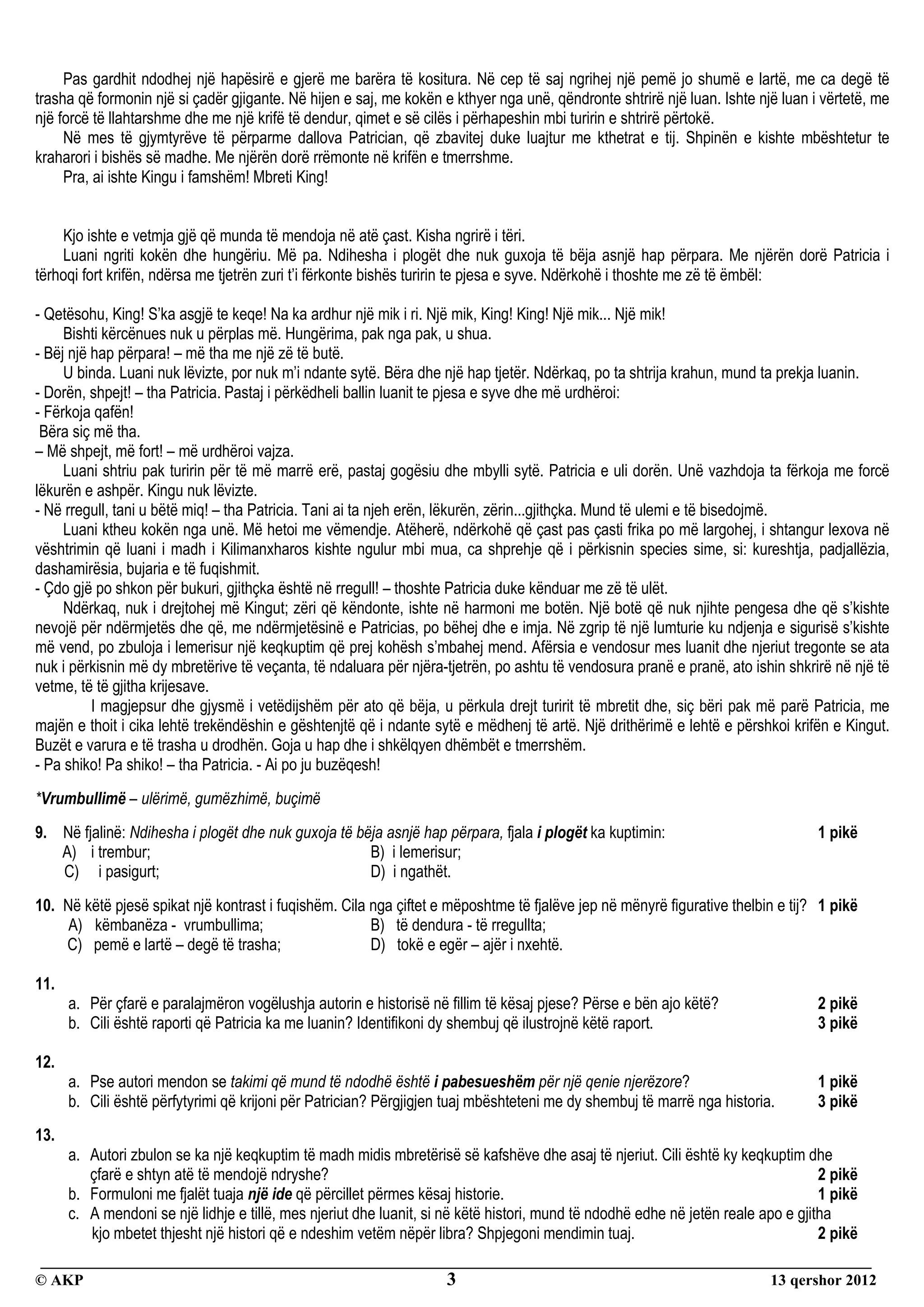 Provimi i lirimit 2012 Gjuhe Shqipe | PDF