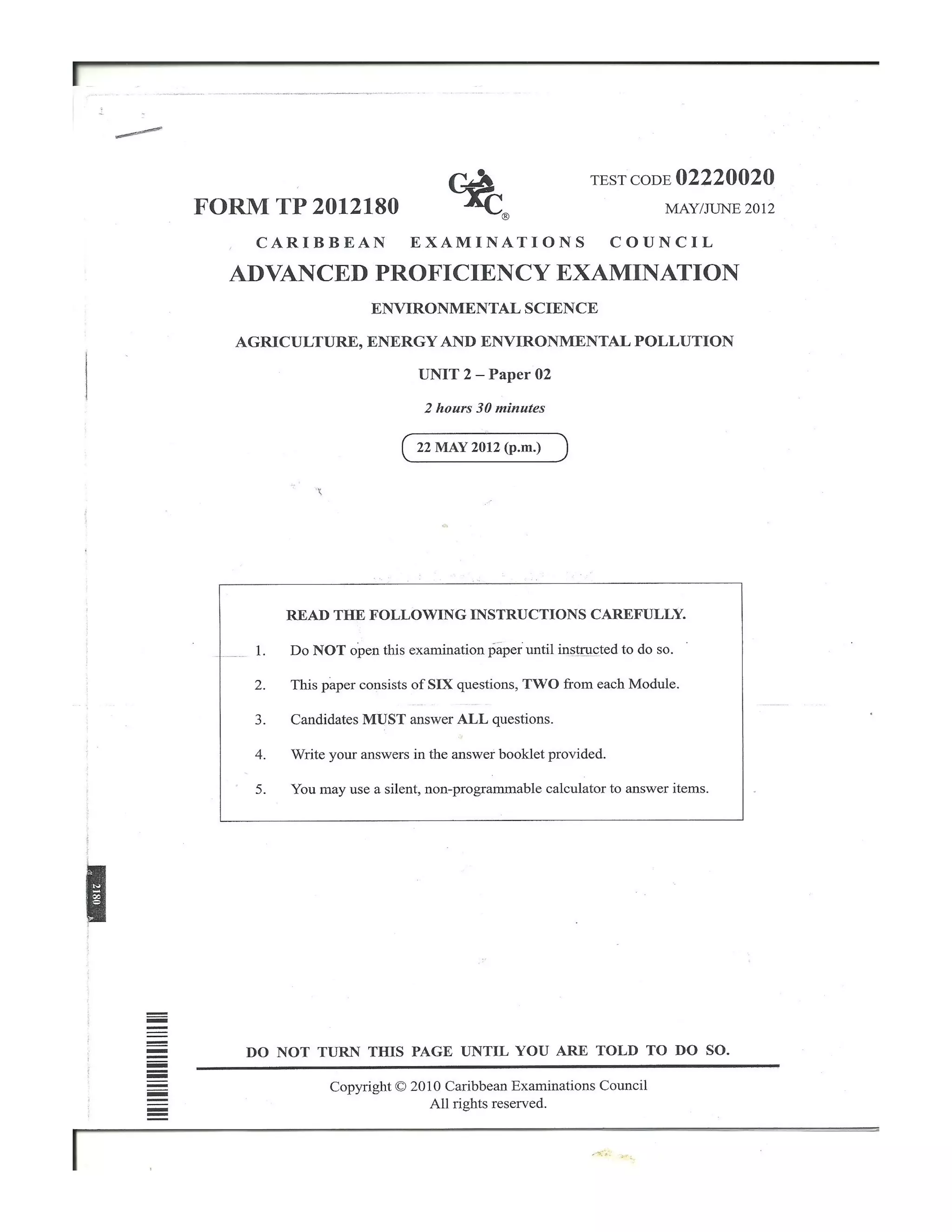 CAPE Environmental Science Unit 2 2012 Paper 2 | PDF