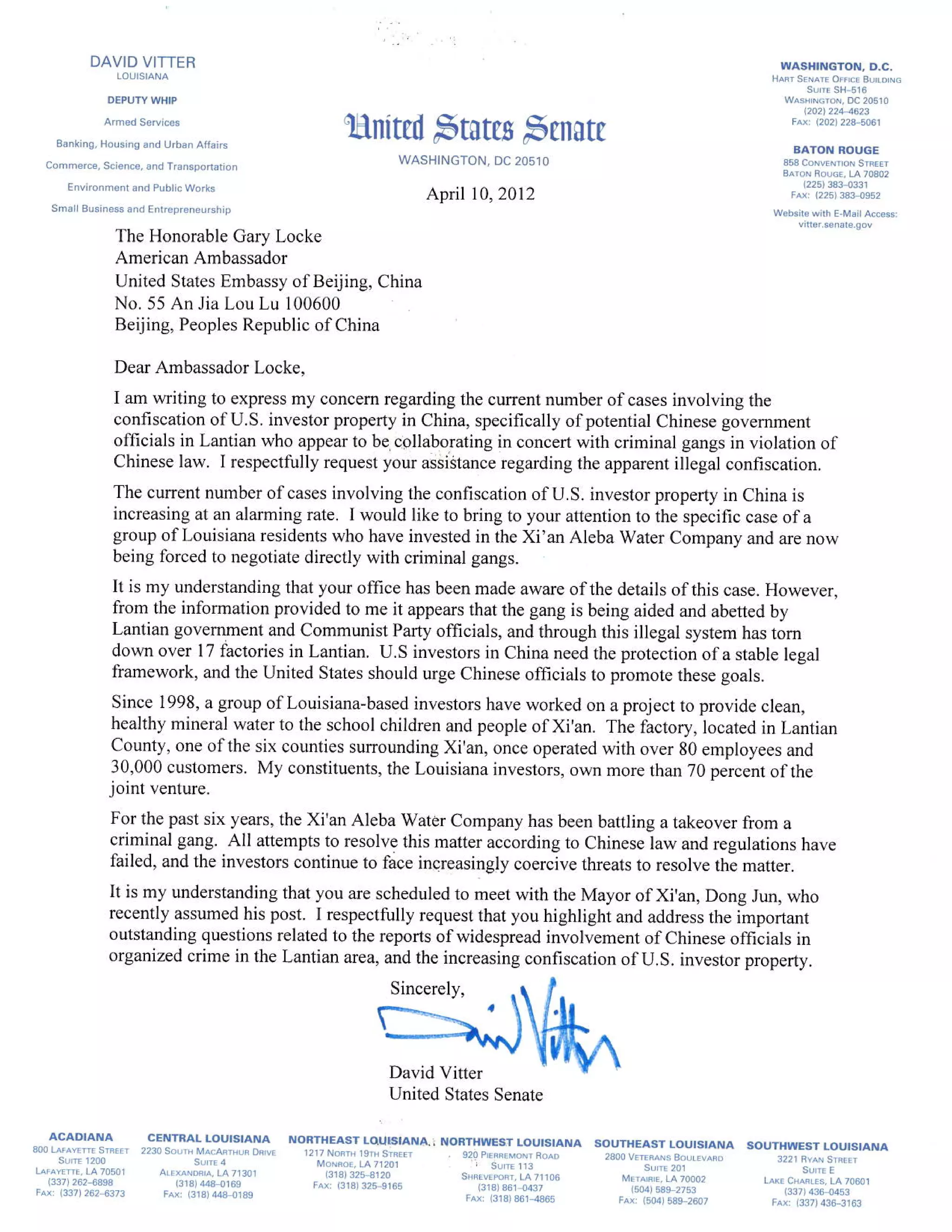 2012 Letter to US Ambassador Locke from Senator Vitter | PDF