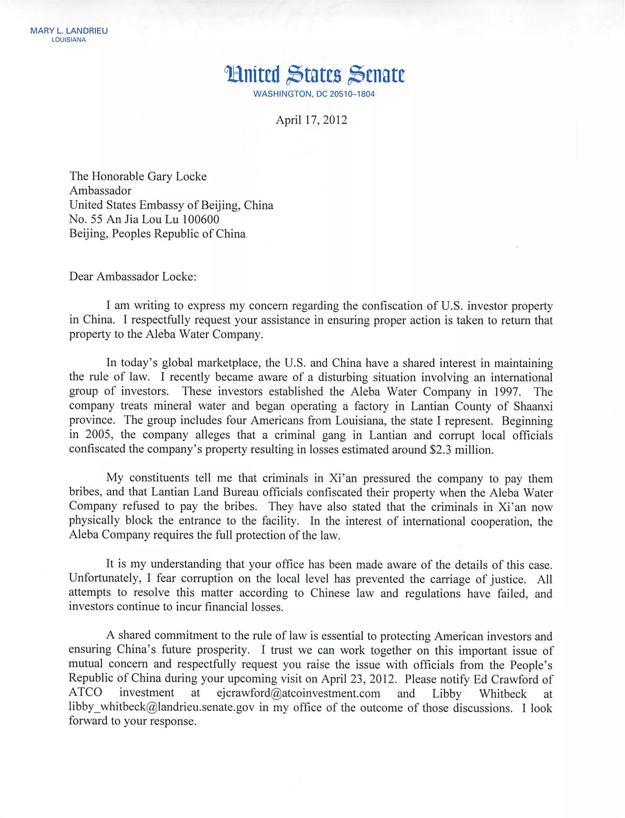 2012 Letter to US Ambassador Locke from Senator Landrieu | PDF