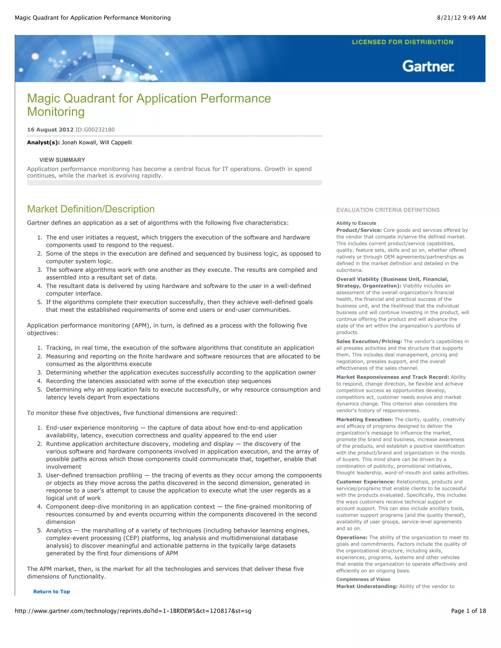 2012 Magic Quadrant For Application Performance Monitoring Pdf