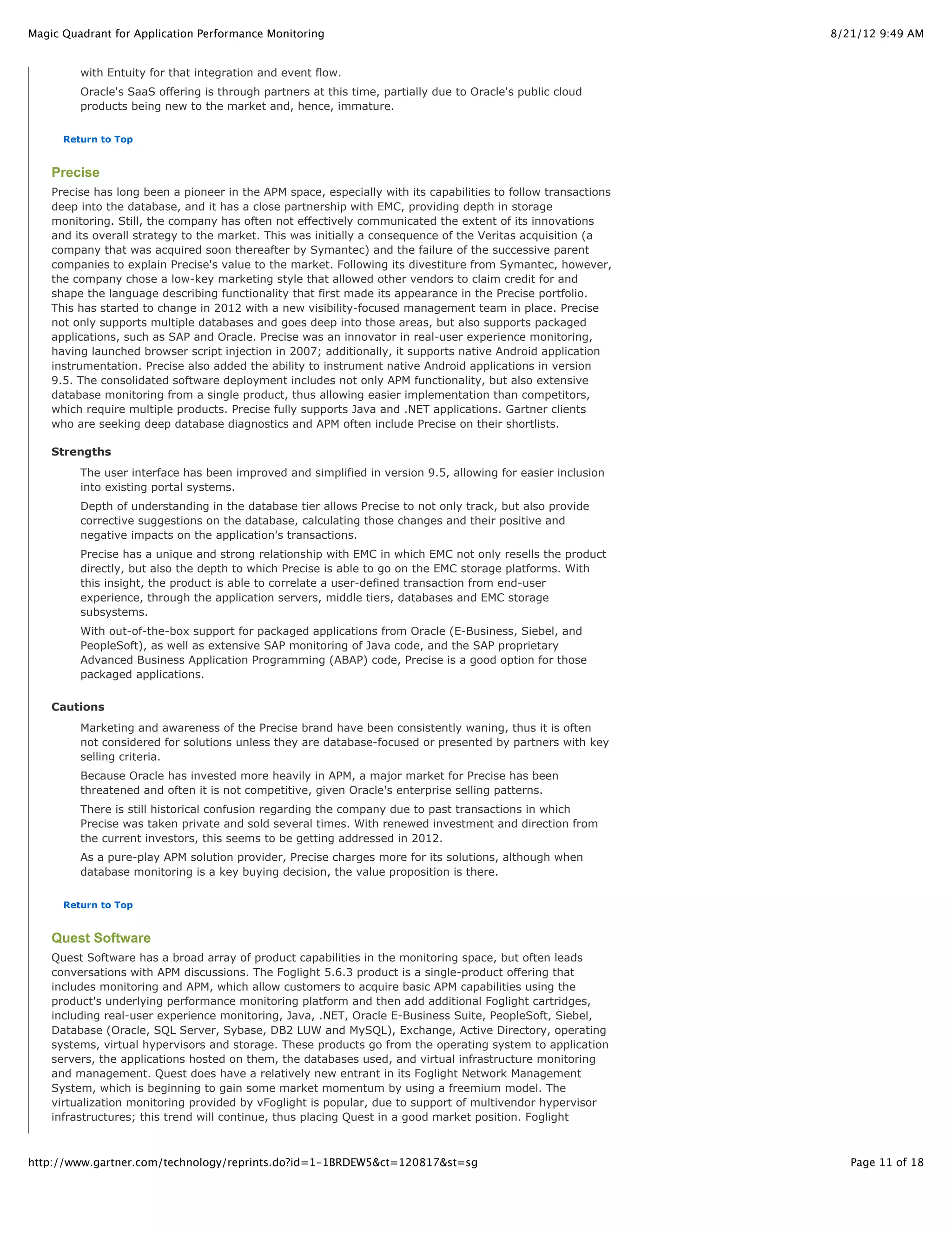 2012 Magic Quadrant For Application Performance Monitoring Pdf