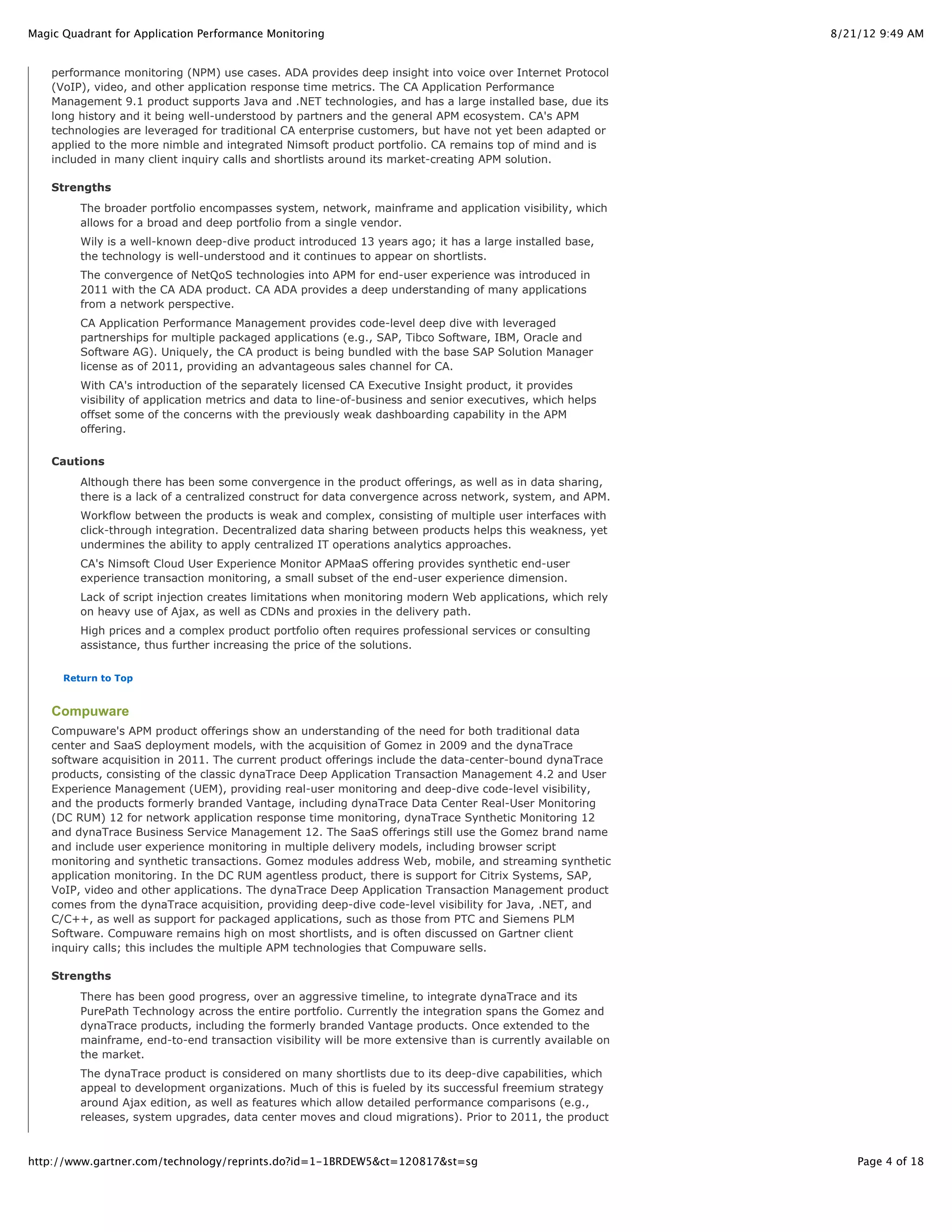 2012 Magic Quadrant For Application Performance Monitoring Pdf