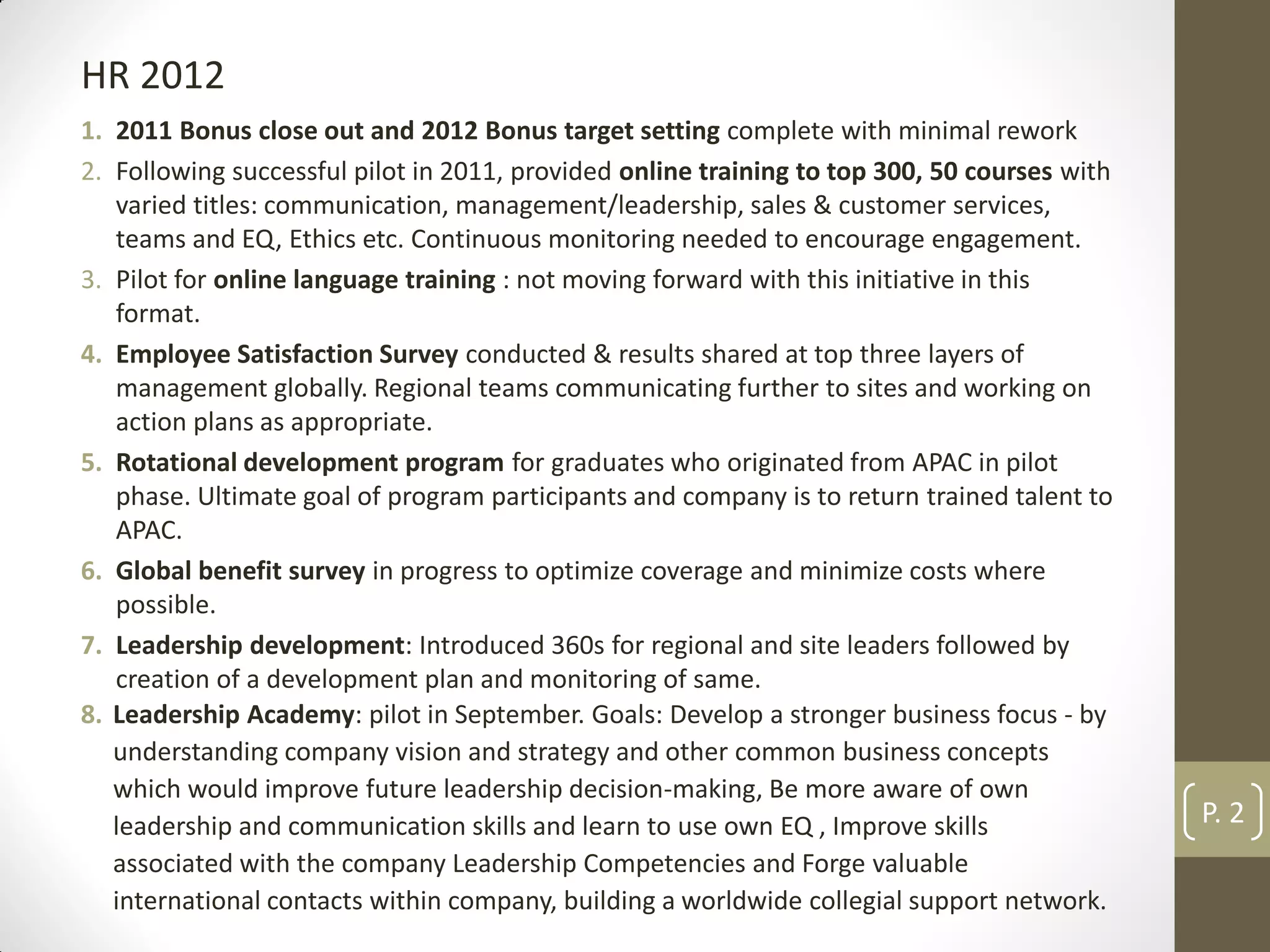 201208 hr achievements and projects 2012 | PPT