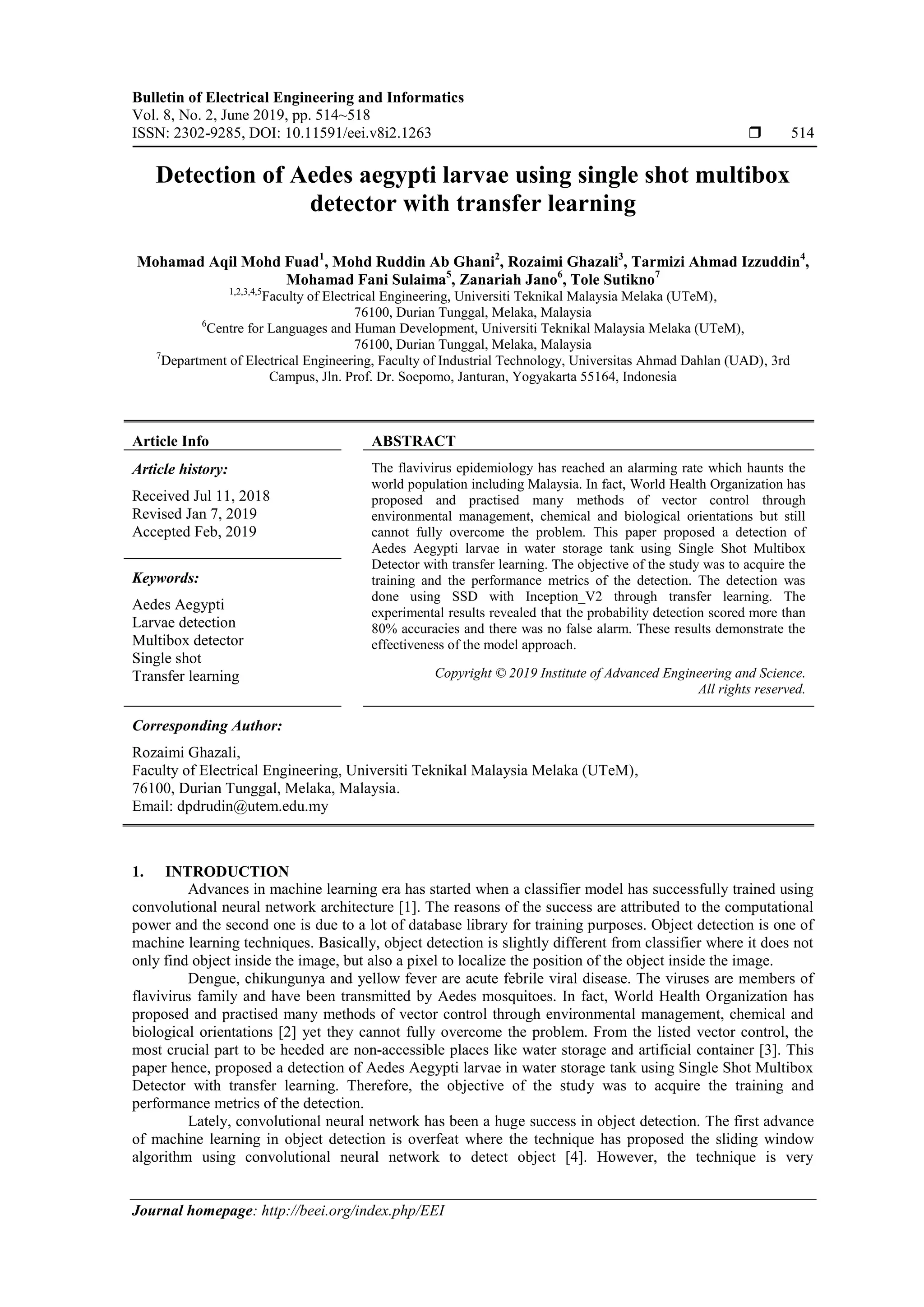 Detection Of Aedes Aegypti Larvae Using Single Shot Multibox Detector