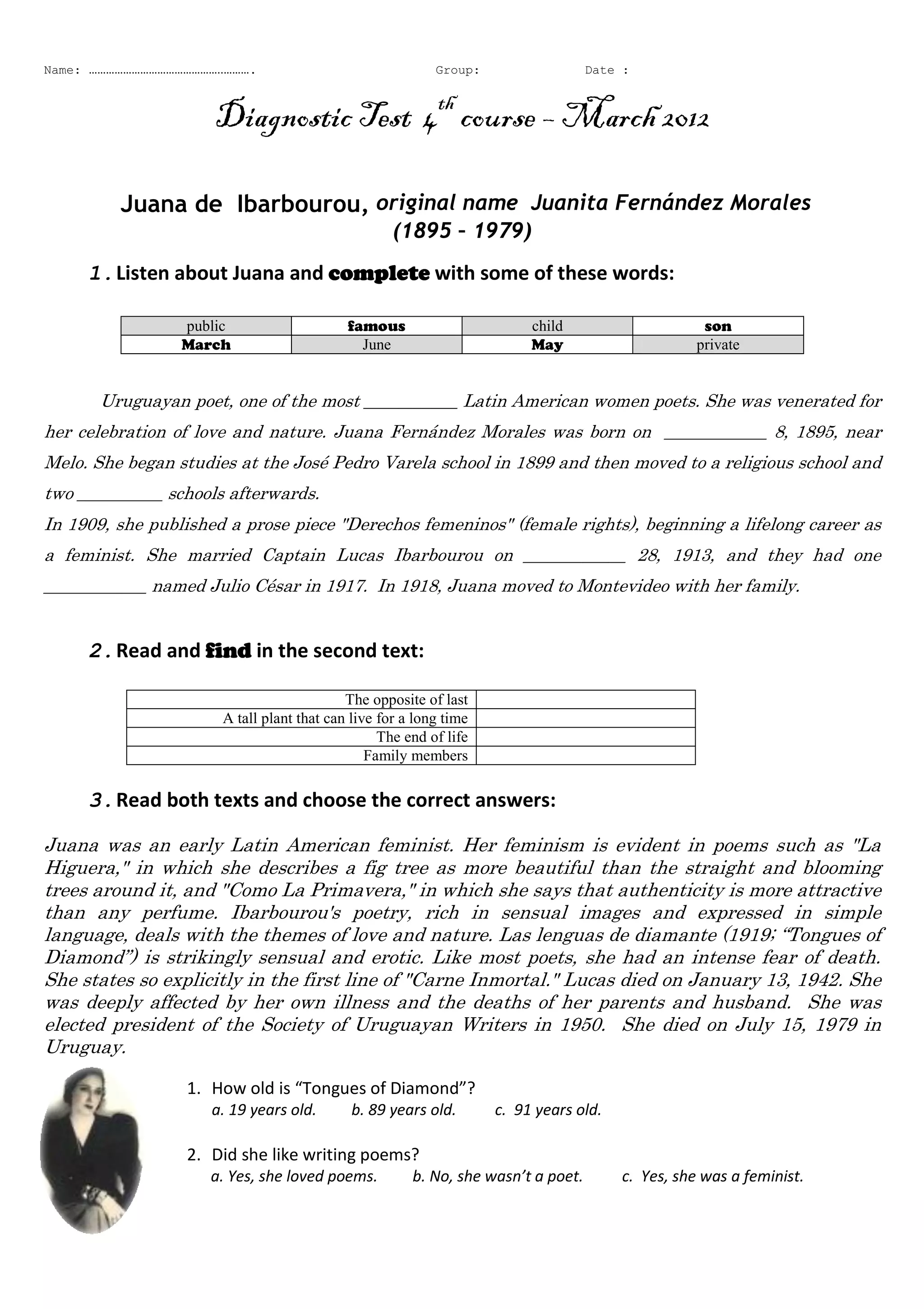 2012 diagnostico 4° juana ibarbourou | PDF | Poetry | Books and Literature