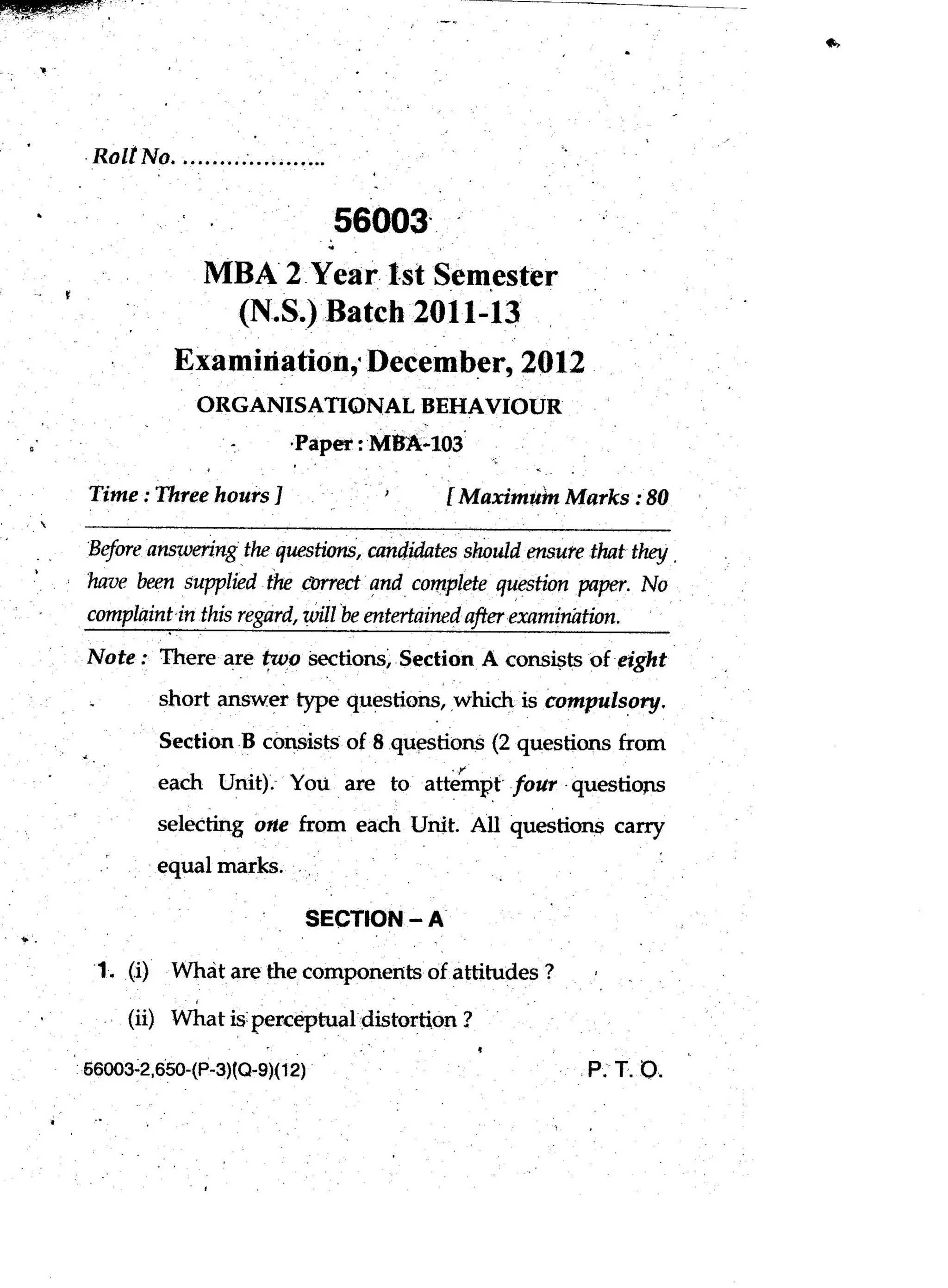 Organisational Behaviour MBA Question Paper | PDF