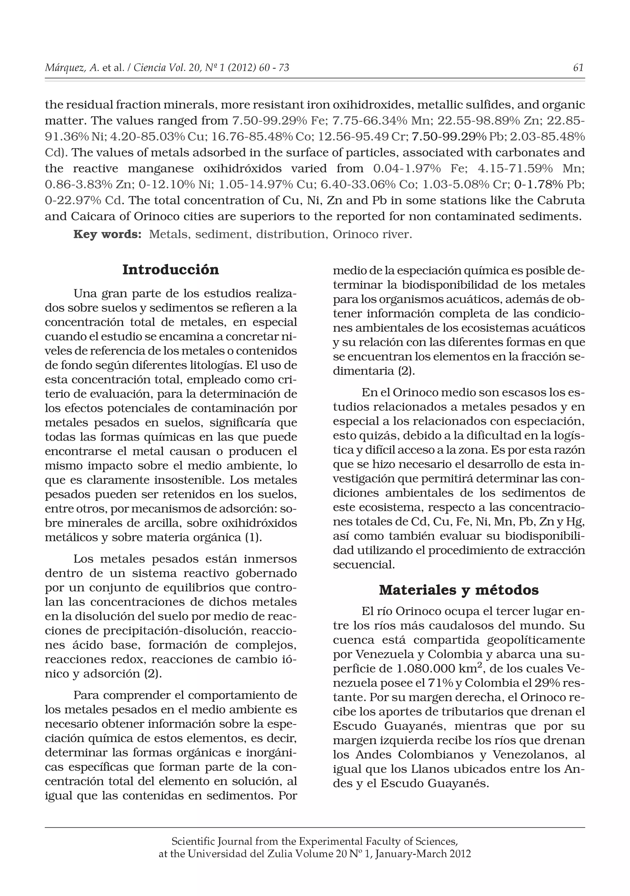 Distribución de metales pesados en sedimentos superficiales del Orinoco ...