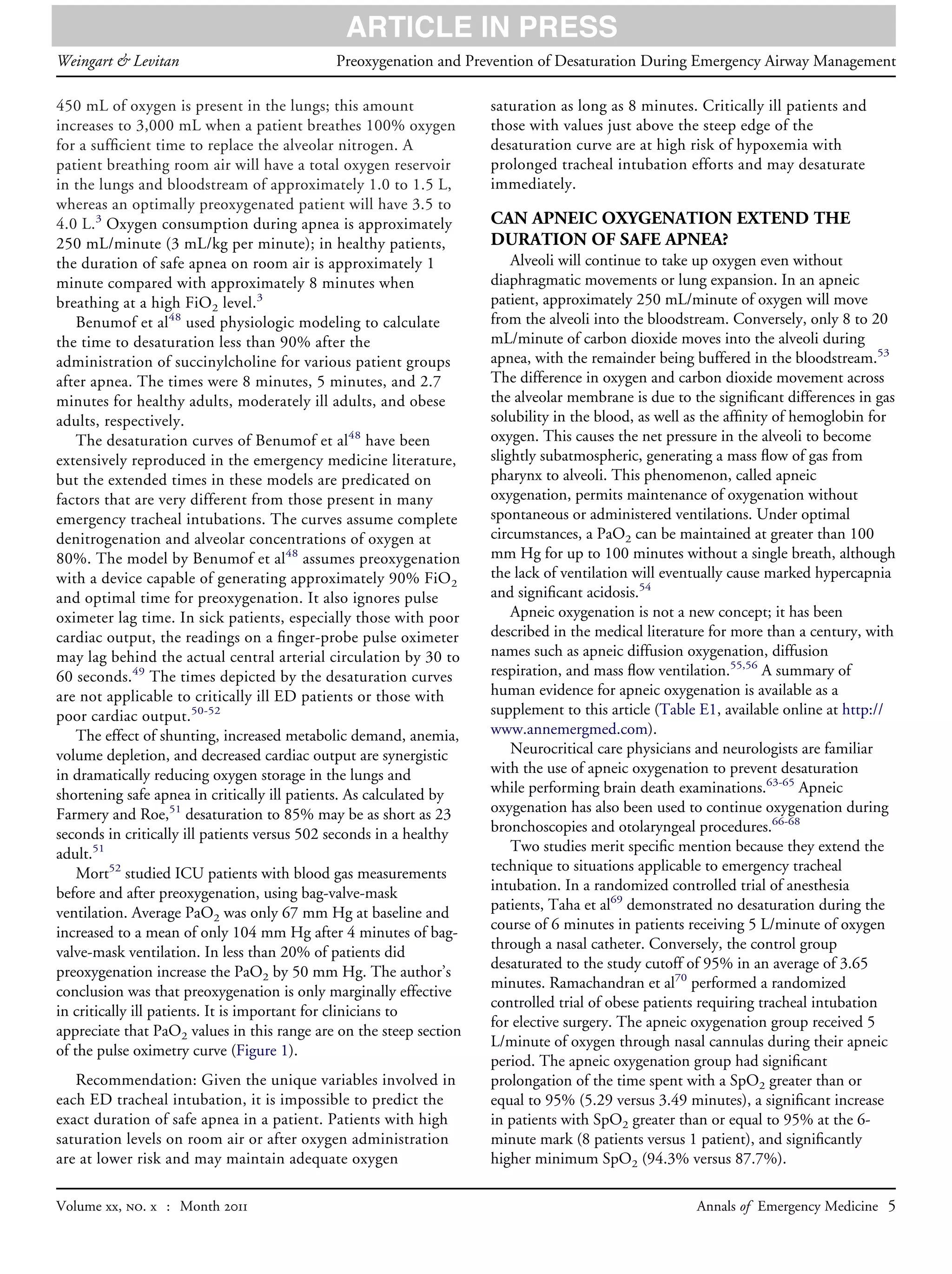 2012 preoxygenation and prevention of desaturation during intubation | PDF