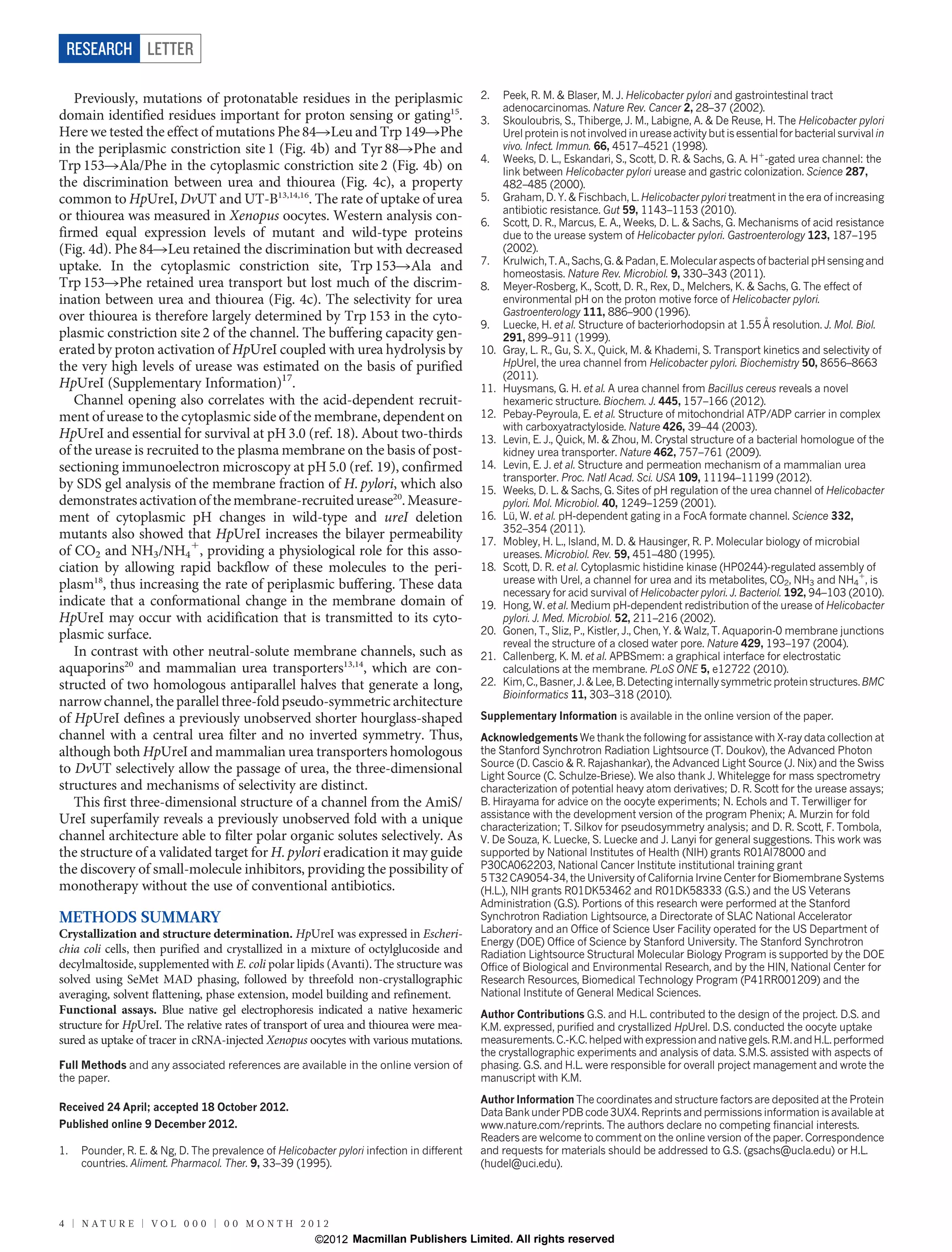 2012 structure of the proton gated urea channel from the gastric ...
