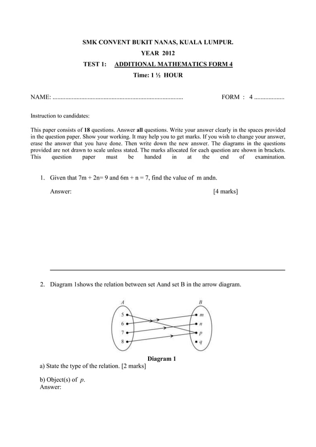 Test 1 f4 add maths | DOCX