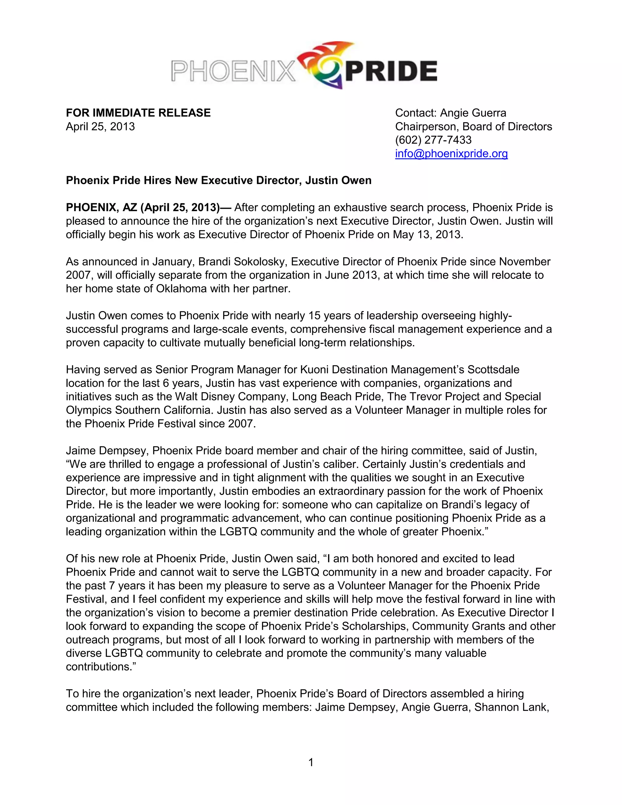 Phoenix Pride Hires New Executive Director, Justin Owen | PDF