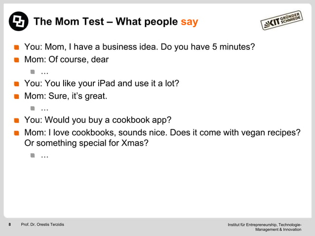 Summary of 'The Mom Test' (v2 2013-11-05) | PPTX
