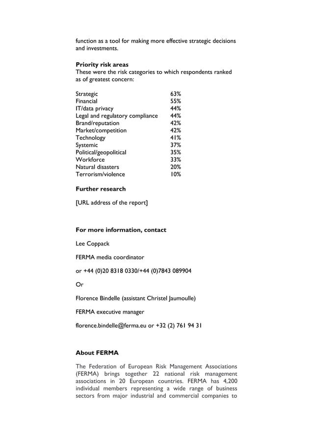 FERMA Press Release "Risk Leadership Survey release" | PDF