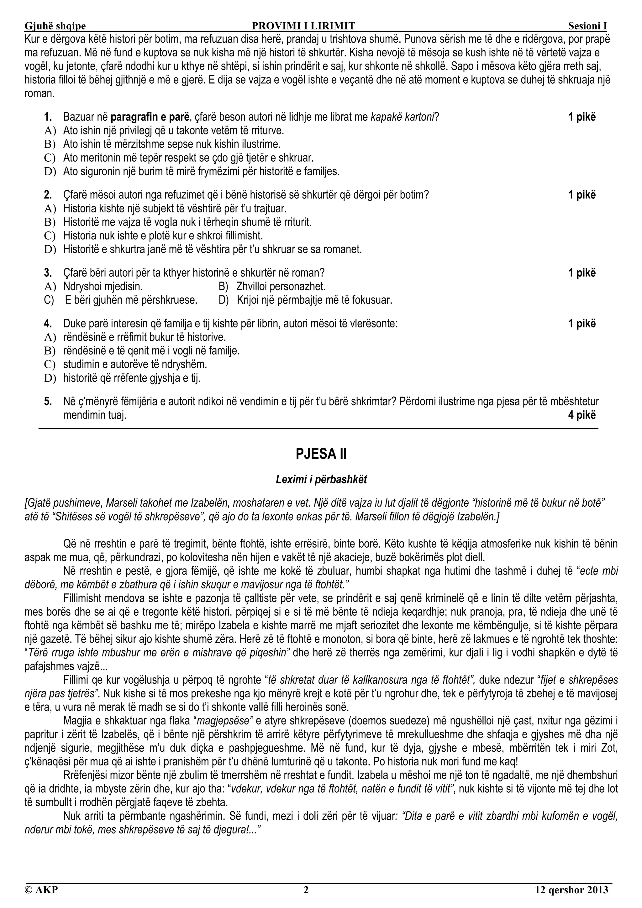 Provimi i lirimit 2013 Gjuhe Shqipe | PDF