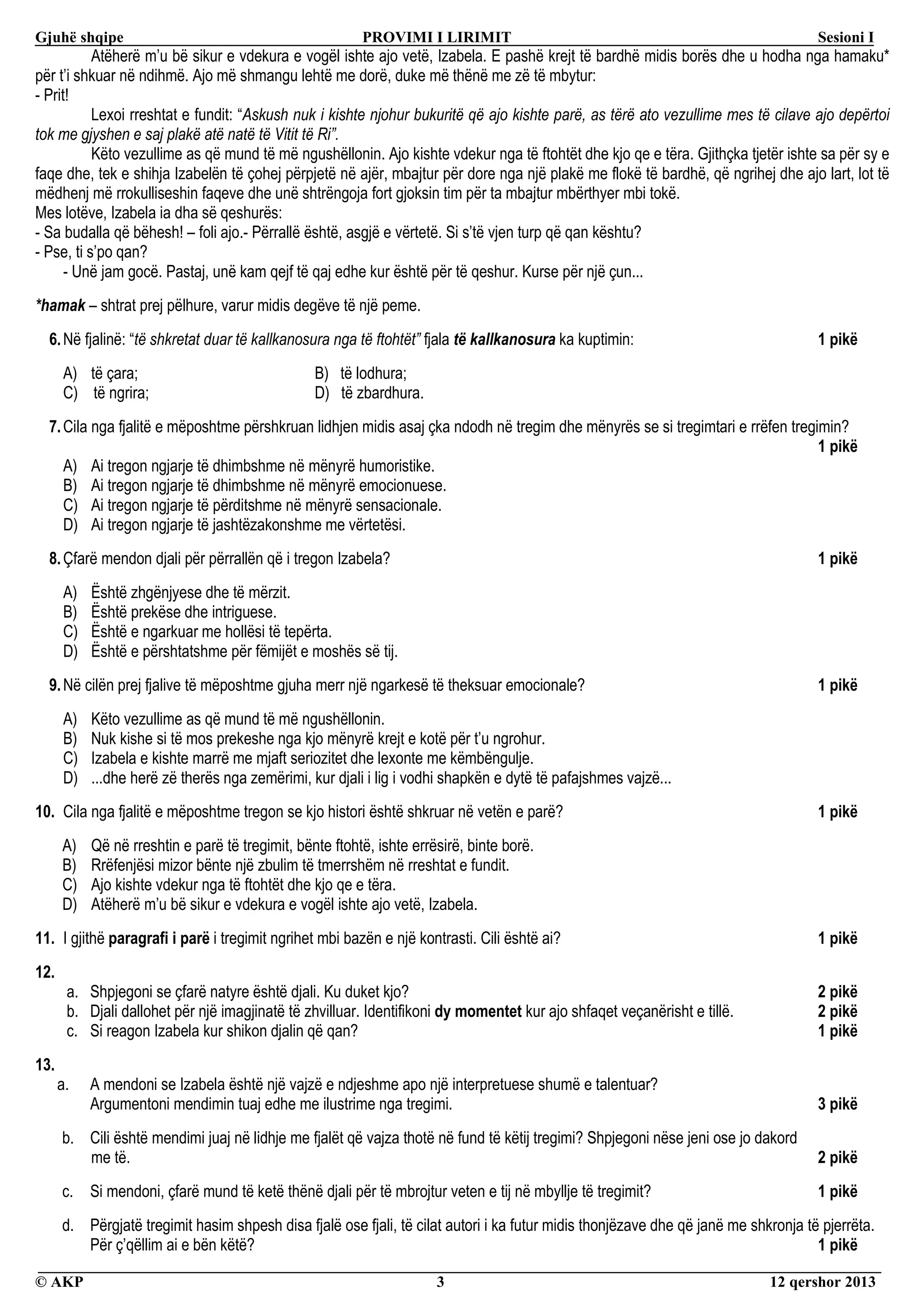 Provimi i lirimit 2013 Gjuhe Shqipe | PDF