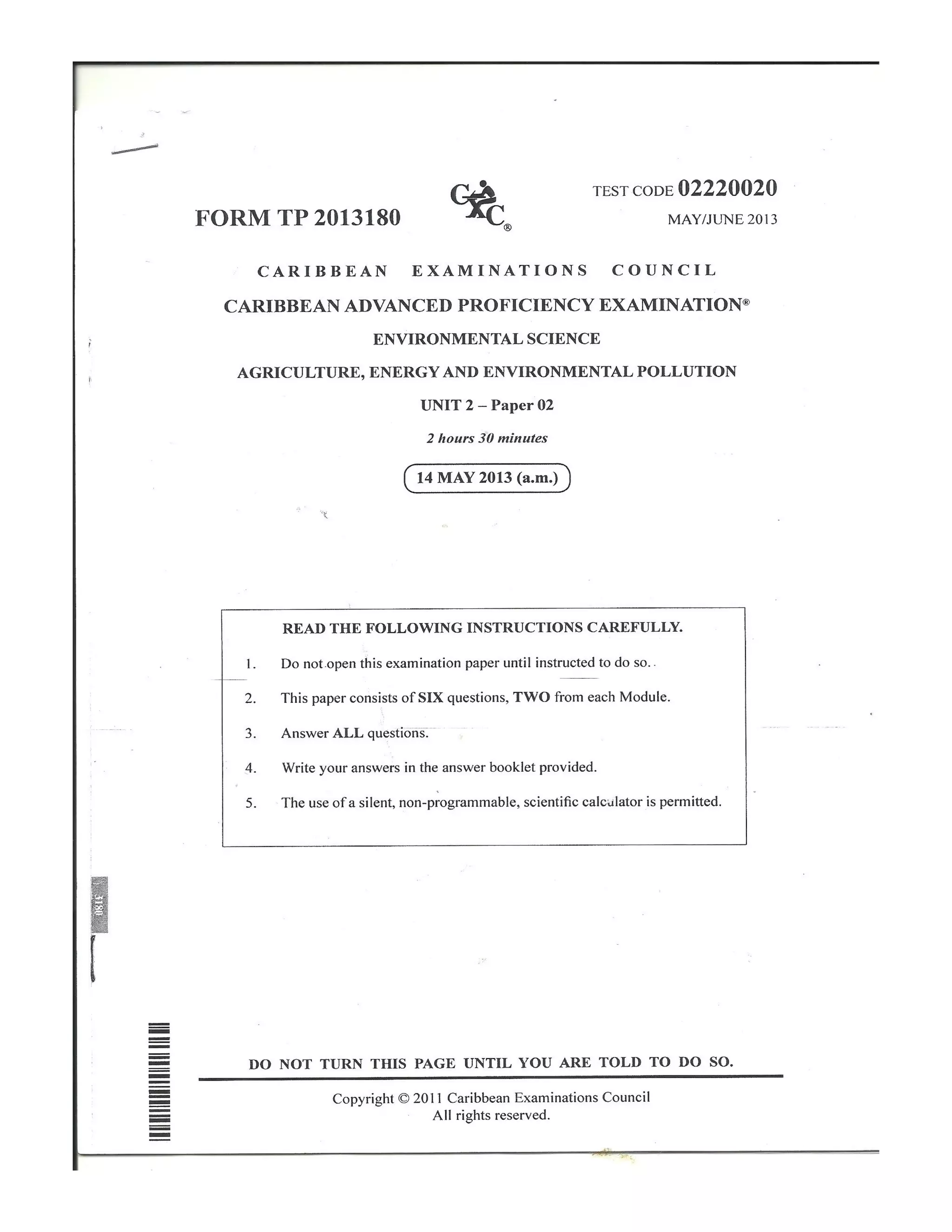 CAPE Environmental Science Unit 2 2013 Paper 2 | PDF