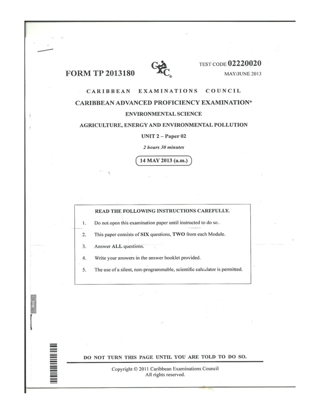CAPE Environmental Science Unit 2 2013 Paper 2 | PDF
