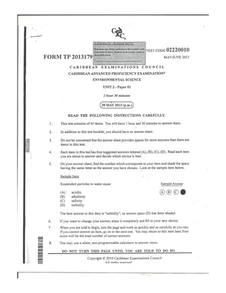 CAPE Environmental Science Unit 2 Paper 1 2013 | PDF