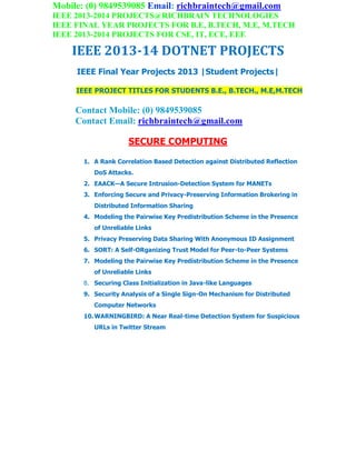 2013 2014 ieee final sem students cse,it dotnet project titles | PDF