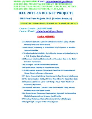 2013 2014 ieee final sem students cse,it dotnet project titles | PDF
