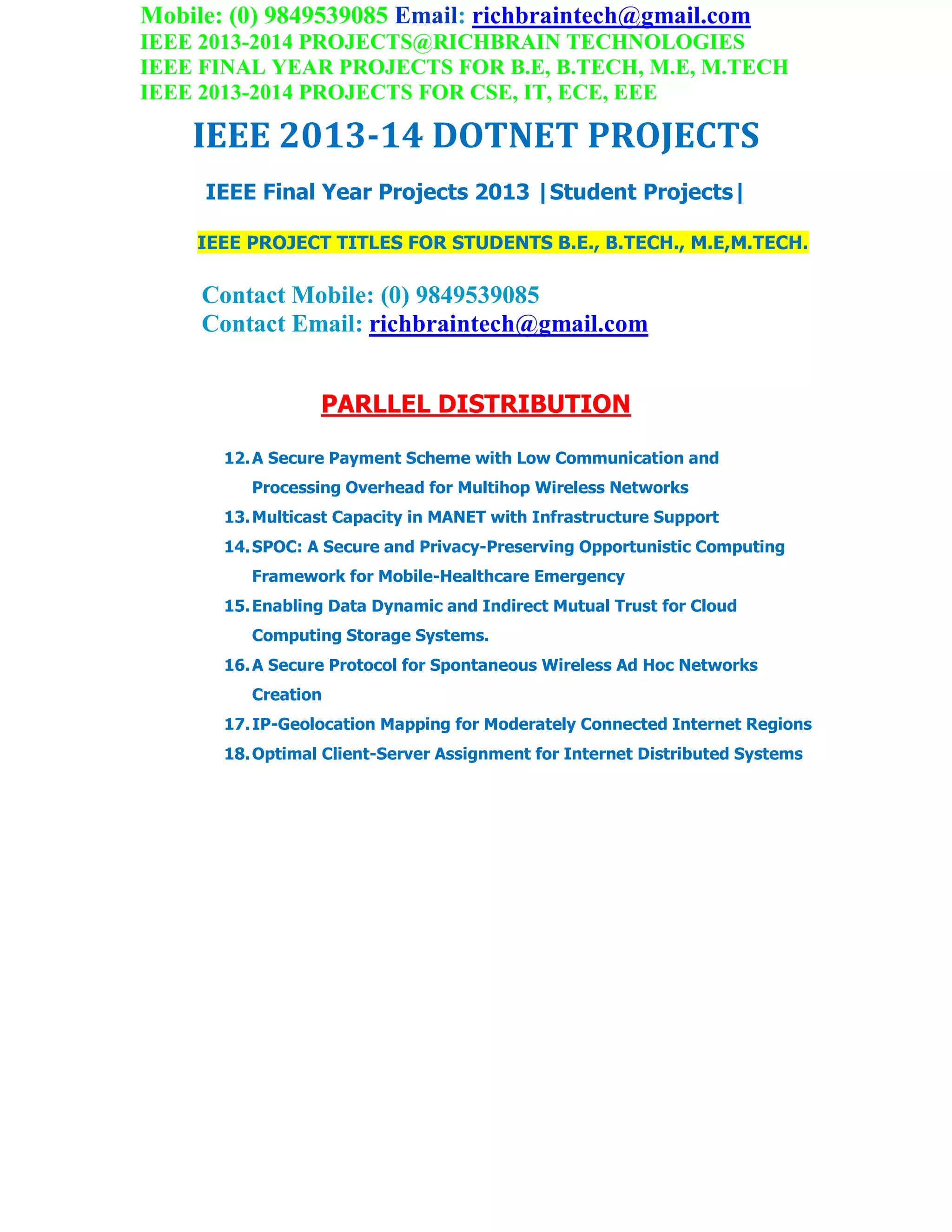 2013 2014 ieee final year students cse,it dotnet project titles | PDF