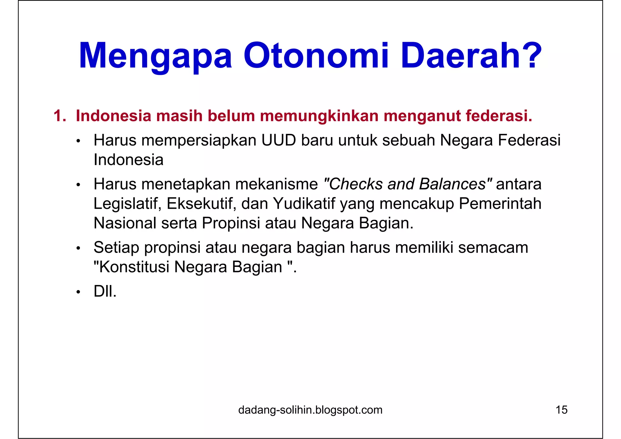 Desentralisasi dan Otonomi Daerah di Indonesia | PDF