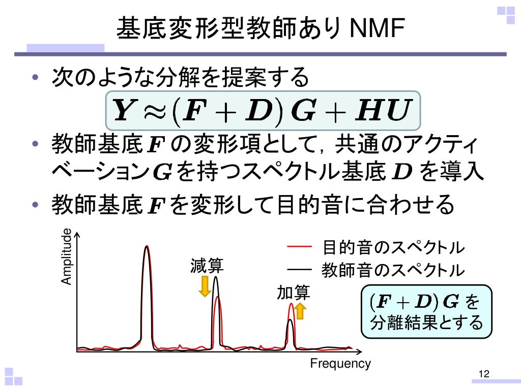 基底変形型教師ありnmfによる実楽器信号分離 In Japanese