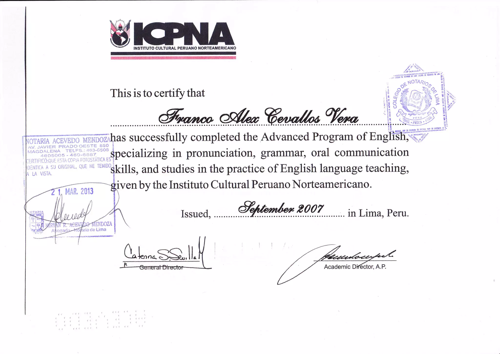 Certificado ICPNA - Cevallos Vera Franco Alex | PDF